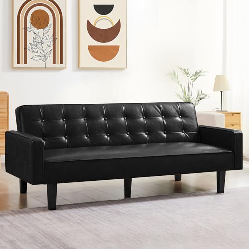 Homies Life Faux Leather Futon Couch, Mid Century Modern Futon Sofa with Memory Foam, Convertible Futon Sofa Bed for Small Spaces, Living Room, Office, Black