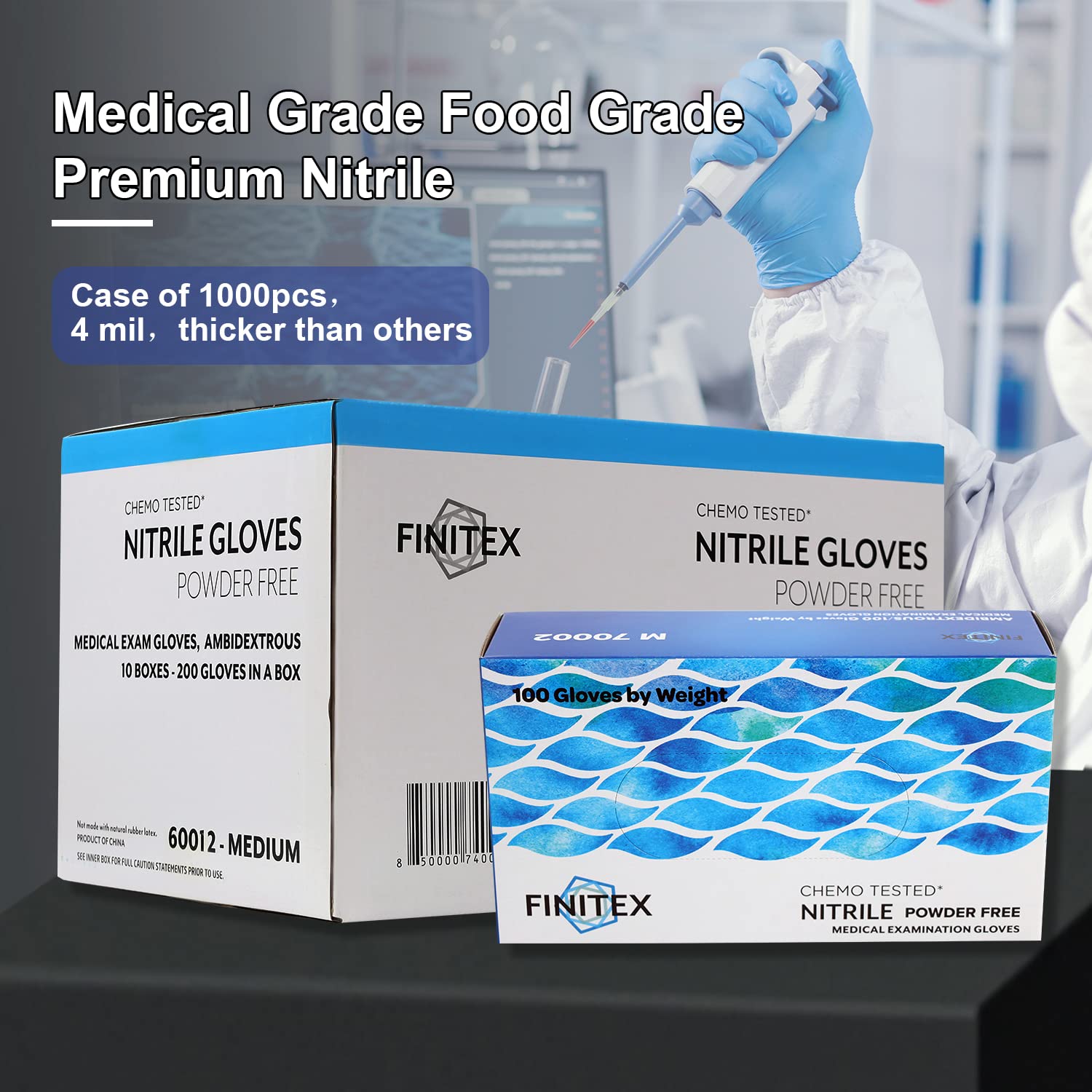 FINITEX Nitrile Disposable Medical Exam Gloves 1000 PCS 4 mil Powder-free Latex-Free Examination Home Cleaning Food Gloves (Medium)