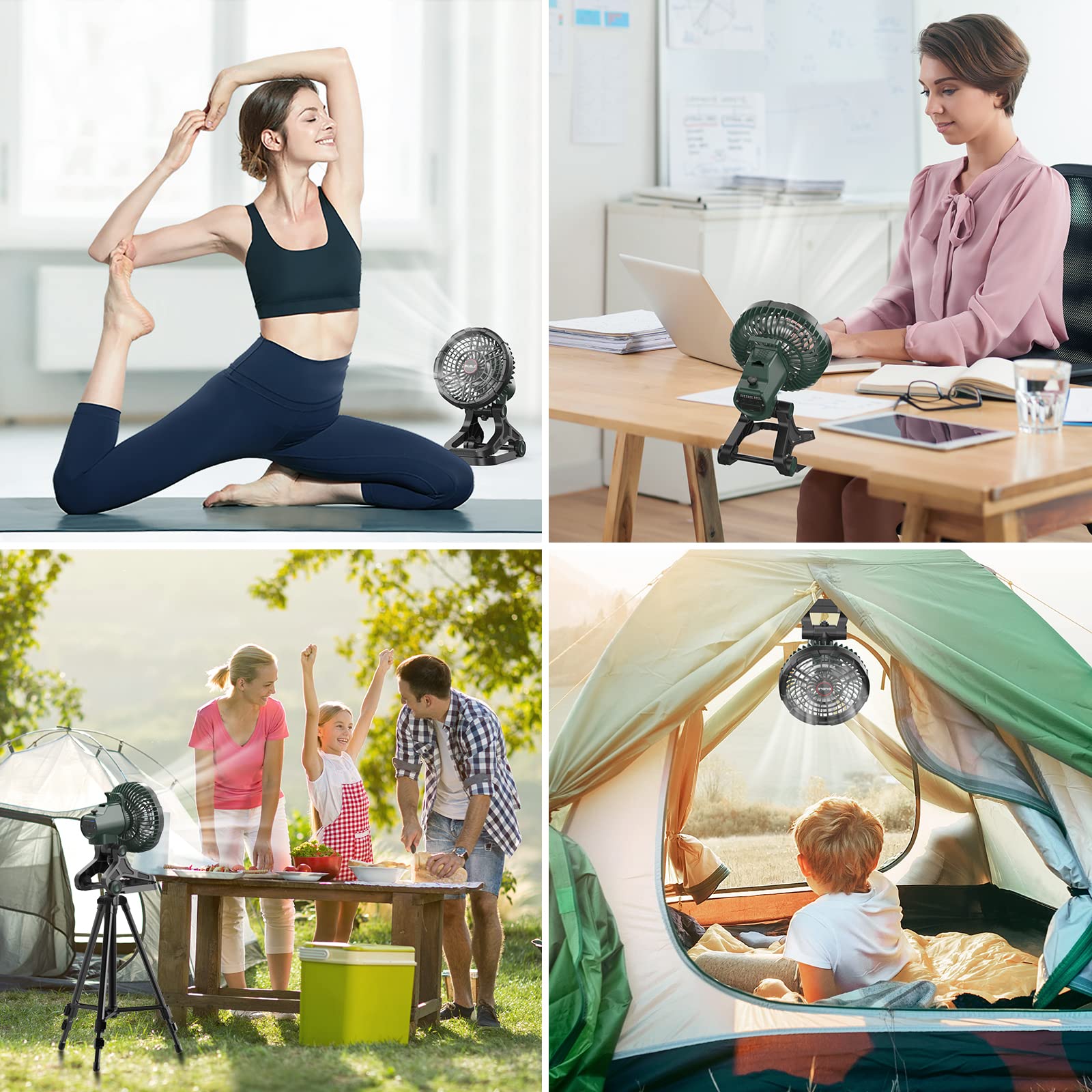 30000mAh Rechargeable Camping Fan with LED Lantern, Portable Battery Operated Fan 360° Oscillating Outdoor Fan, Quiet Battery Powered USB Table Fan with 4 Light Modes, 7 Timers for Home Jobsite Tent