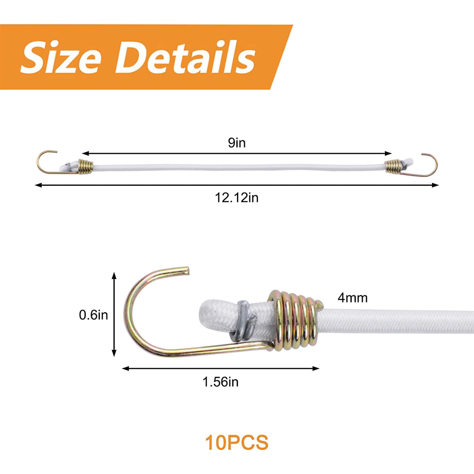 Morobor White Elastic Rope Rubber Strap, 10pcs Mini Bungee Cords with Metal Hooks, Rubber Stretchy Bungee Cords with Hooks for for Bikes, Wire Racks, Tents and Hand Carts etc