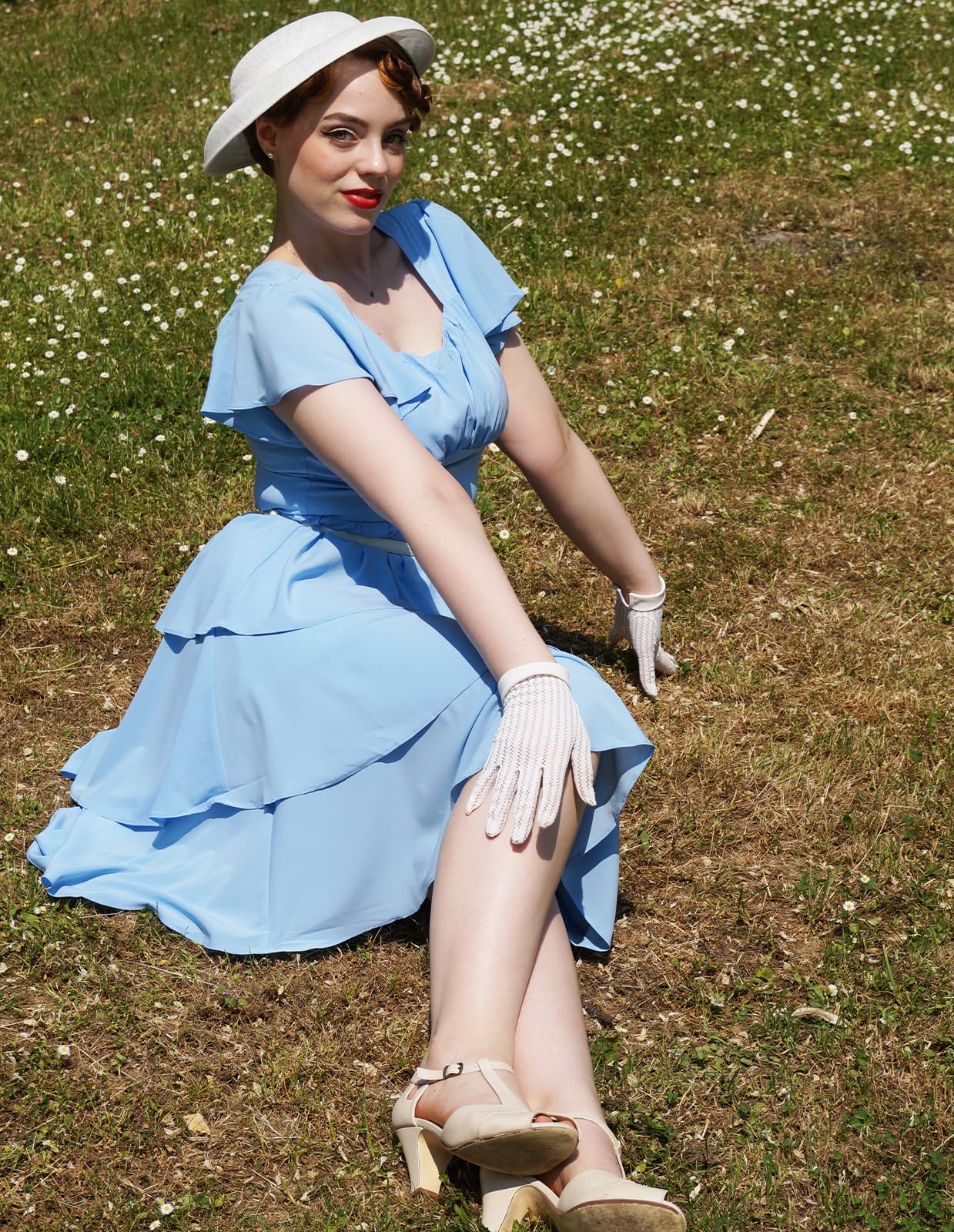 Short Sleeve Elegant Cocktail Party Dress 1950s Retro Square Neck Smocked Waist Tiered Layered Dress Light Blue XL