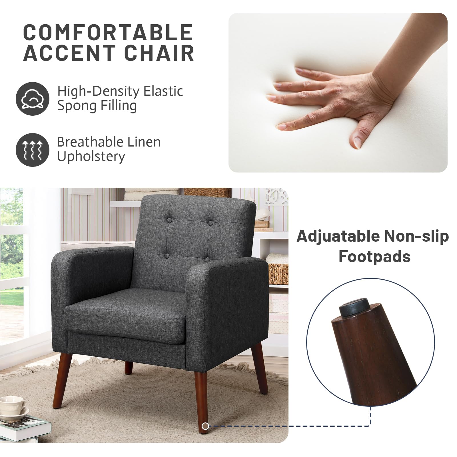 Furniliving Mid Century Modern Arm Chair, Button-Tufted Upholstered Accent Chairs for Bedrooms Living Room Chair with Solid Wood Legs Linen Fabric Comfy Lounge Chair, Dark Grey
