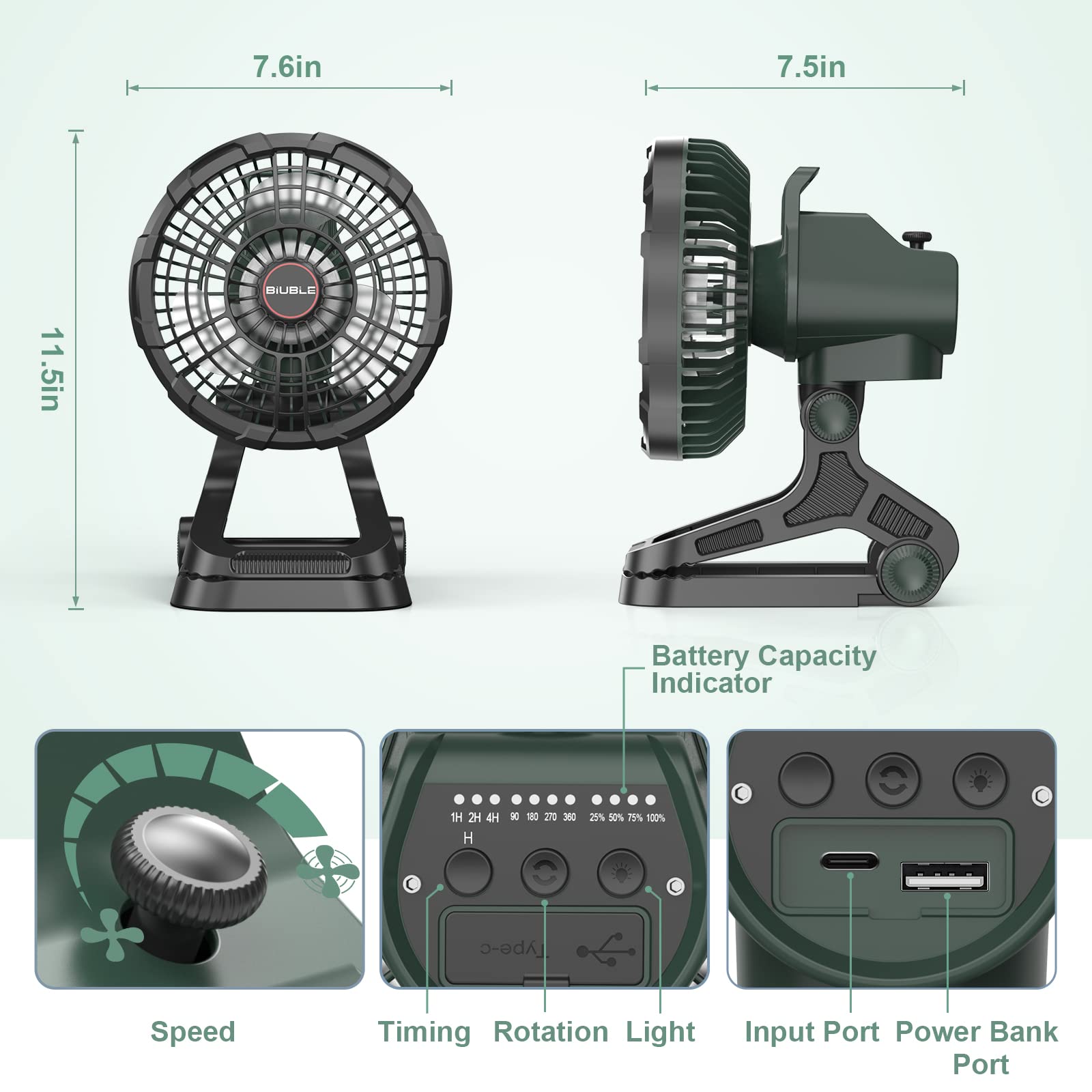 30000mAh Rechargeable Camping Fan with LED Lantern, Portable Battery Operated Fan 360° Oscillating Outdoor Fan, Quiet Battery Powered USB Table Fan with 4 Light Modes, 7 Timers for Home Jobsite Tent