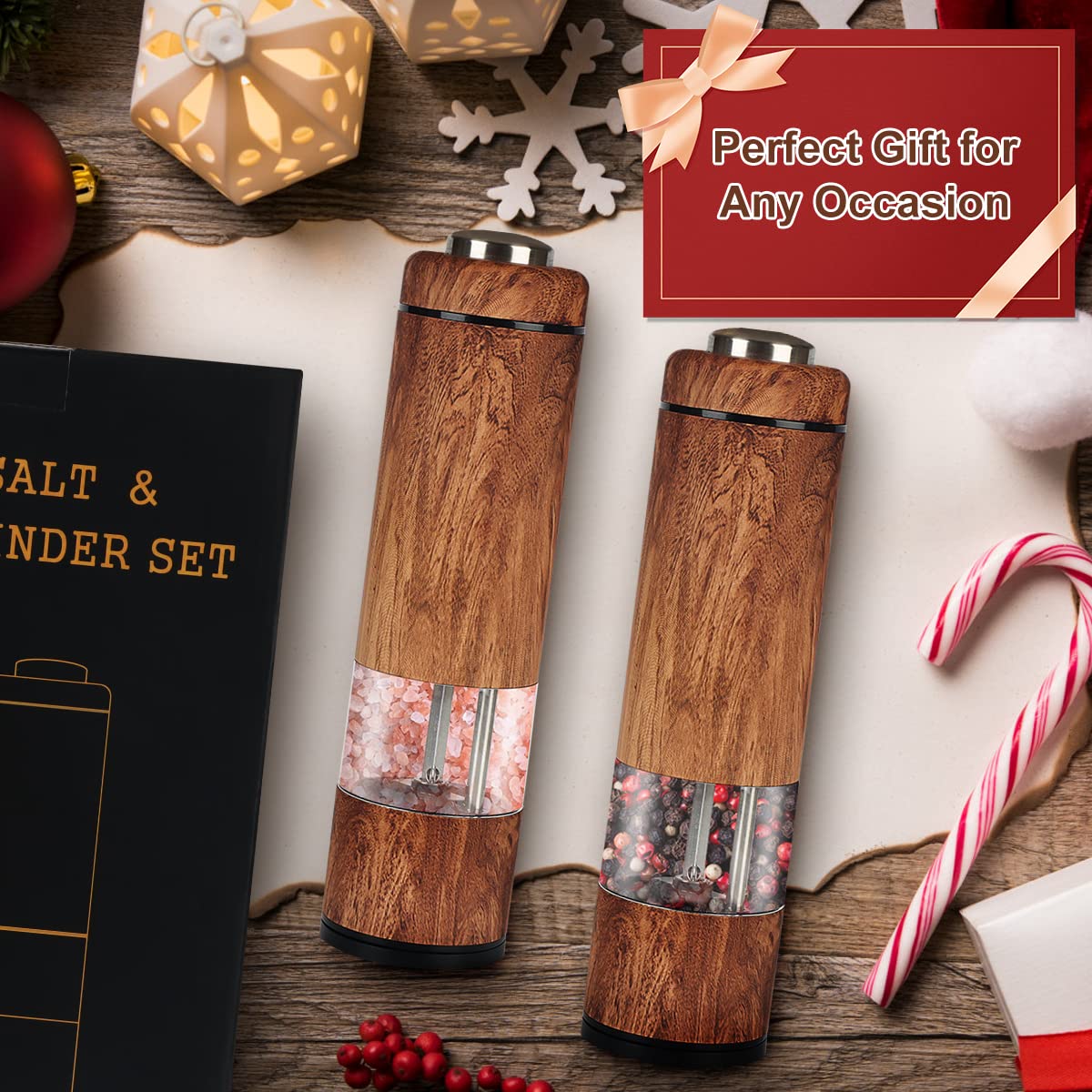 Electric Salt and Pepper Grinder Set, Battery Operated Pepper Mill with LED Light, Adjustable Coarseness, One Hand Operation, Salt and Pepper Shakers Set Electric (Wood Grain)