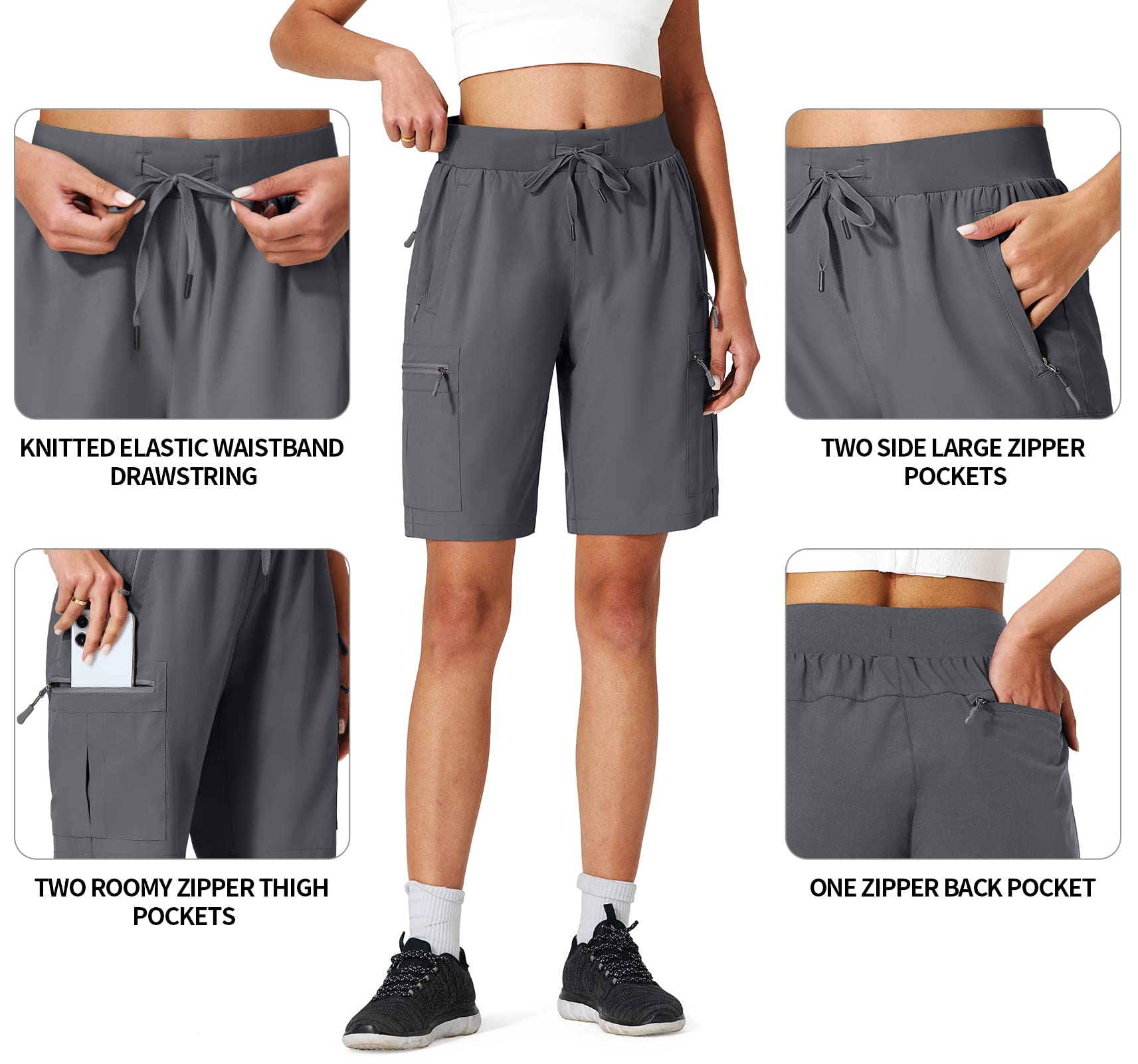 Ksmien Women's Hiking Cargo Shorts Quick Dry Lightweight Summer Shorts with Zipper Pockets for Travel Golf Camping Dark Grey