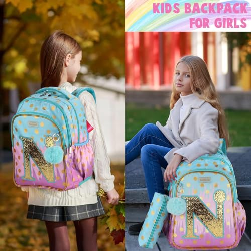 SARHLIO Kids Backpack with Pencil Case, Glitter Galaxy Elementary School Girls School Bag Large 16 Inch Bookbag with Letter N Sparkling Sequin Tower Design