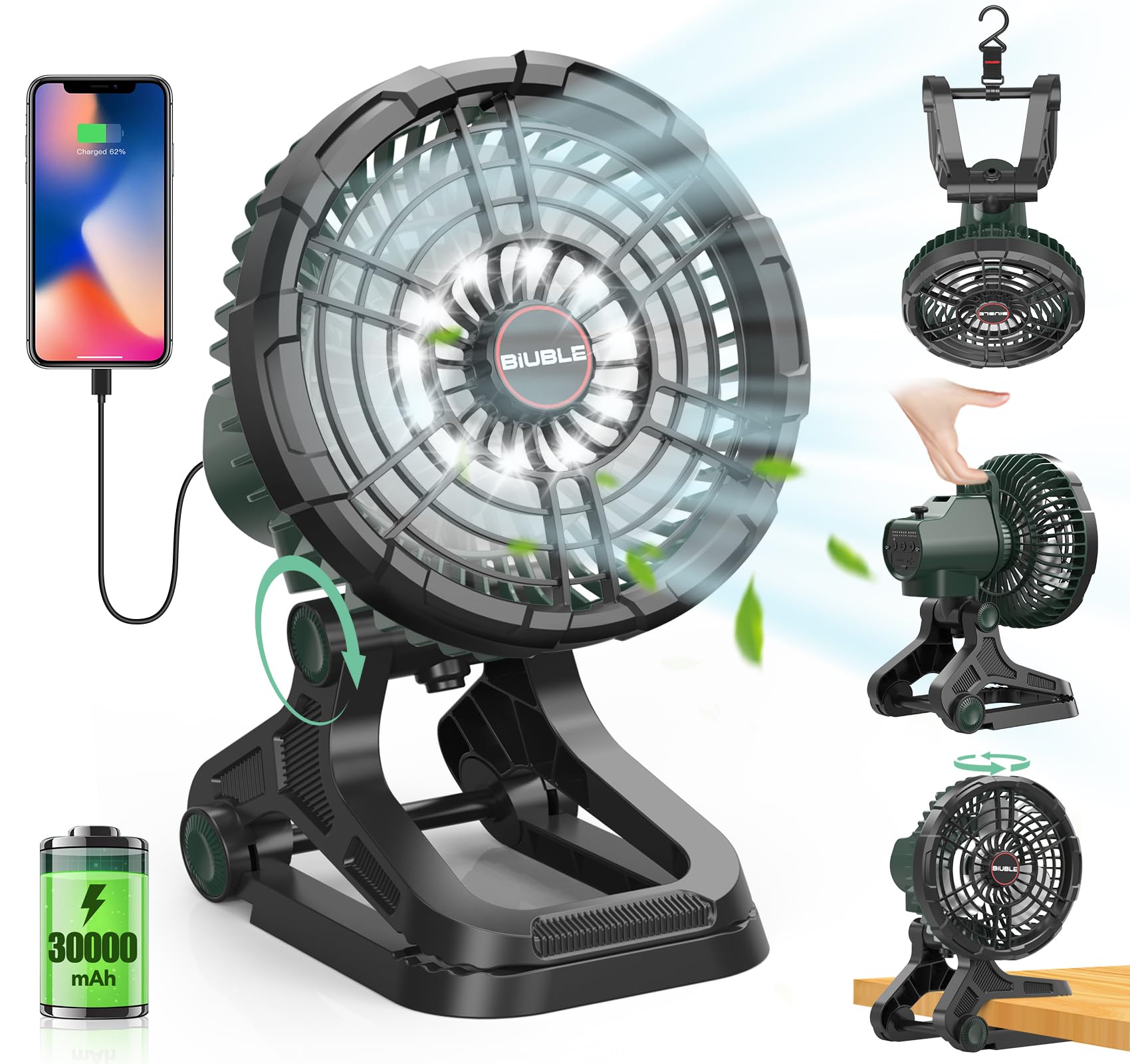 30000mAh Rechargeable Camping Fan with LED Lantern, Portable Battery Operated Fan 360° Oscillating Outdoor Fan, Quiet Battery Powered USB Table Fan with 4 Light Modes, 7 Timers for Home Jobsite Tent