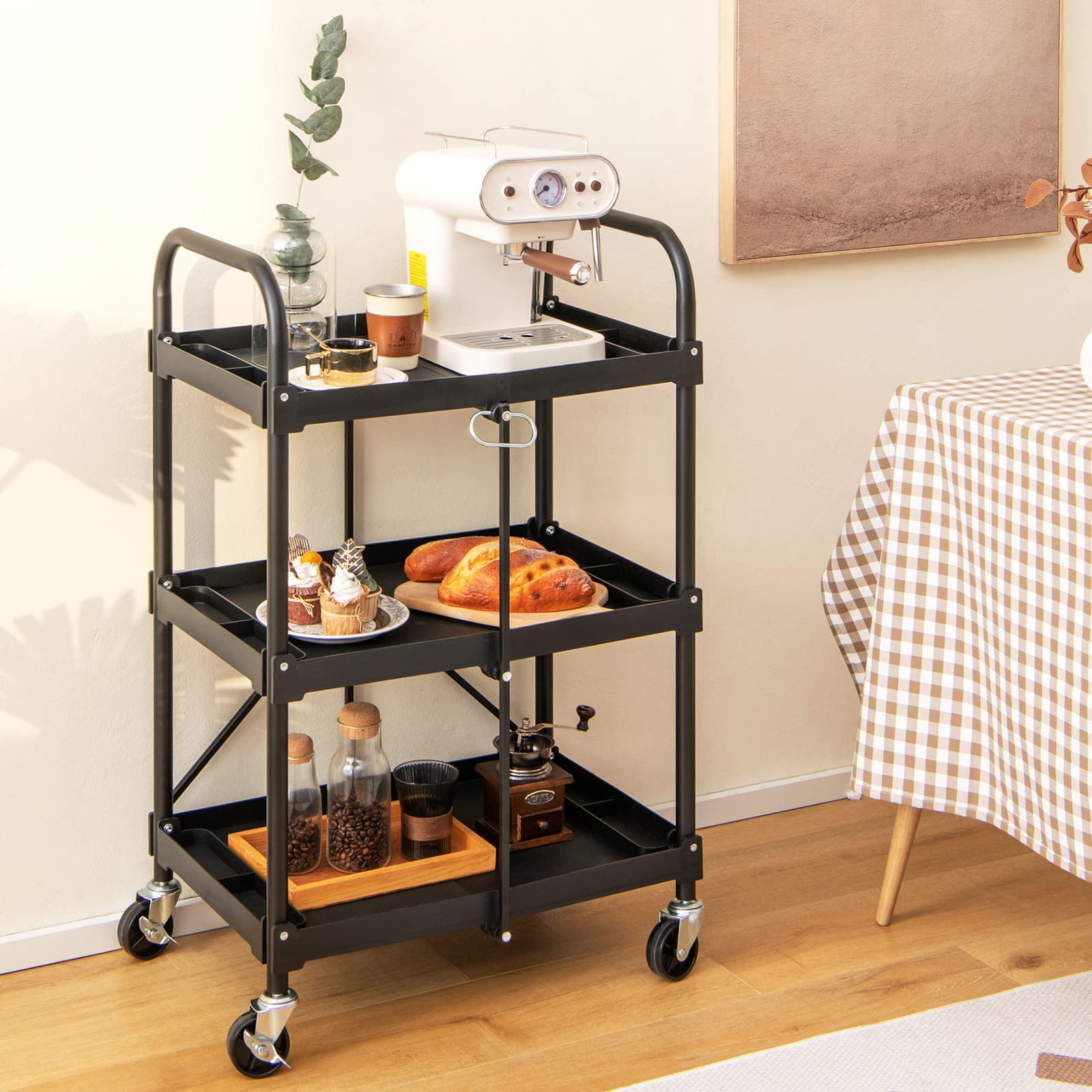 Goplus Folding Utility Cart, 3-Tier Rolling Tool Cart w/Lockable Wheels, Divided Storage Compartments, Collapsible Metal Service Cart Work Cart for Office Home, Garage, Kitchen, Black