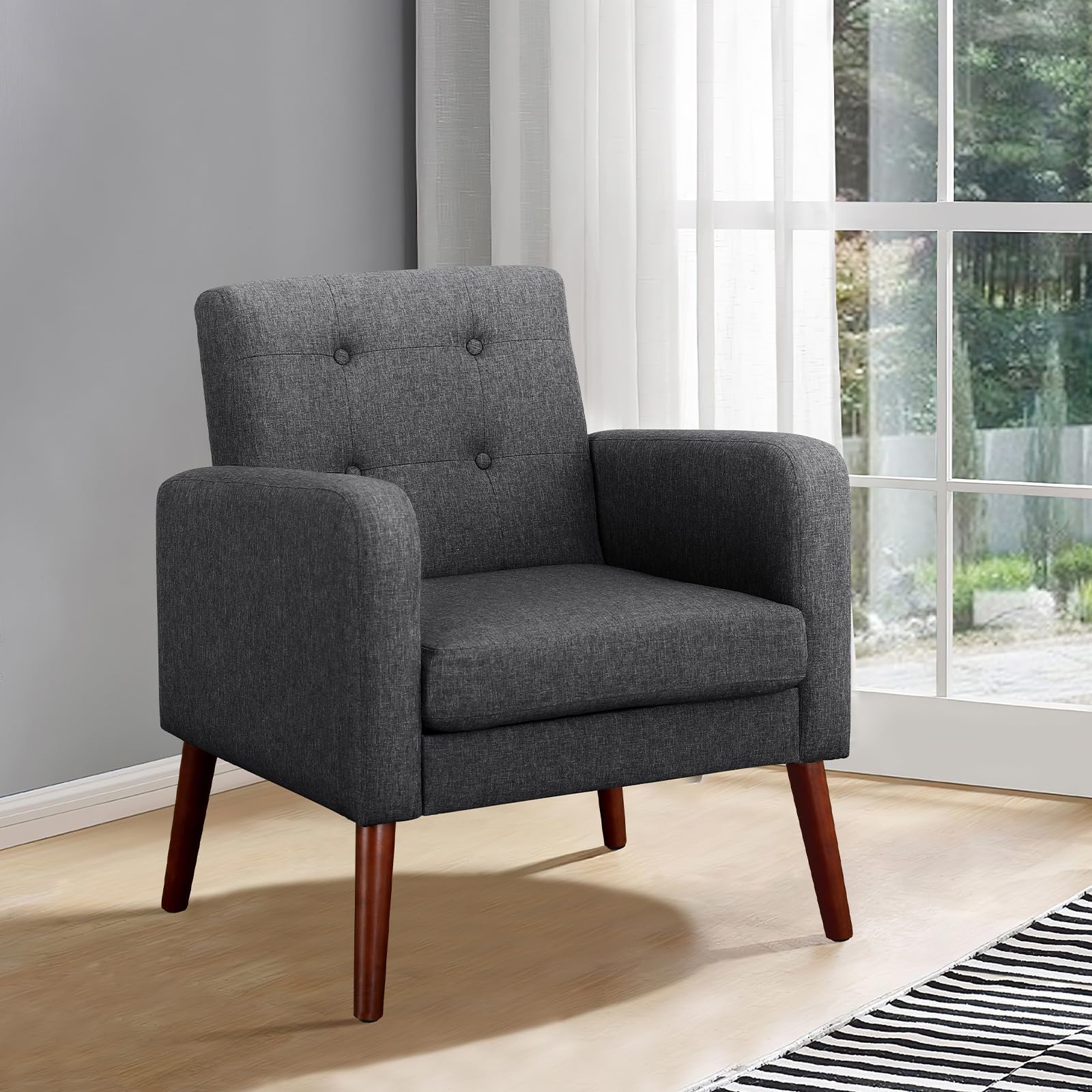 Furniliving Mid Century Modern Arm Chair, Button-Tufted Upholstered Accent Chairs for Bedrooms Living Room Chair with Solid Wood Legs Linen Fabric Comfy Lounge Chair, Dark Grey