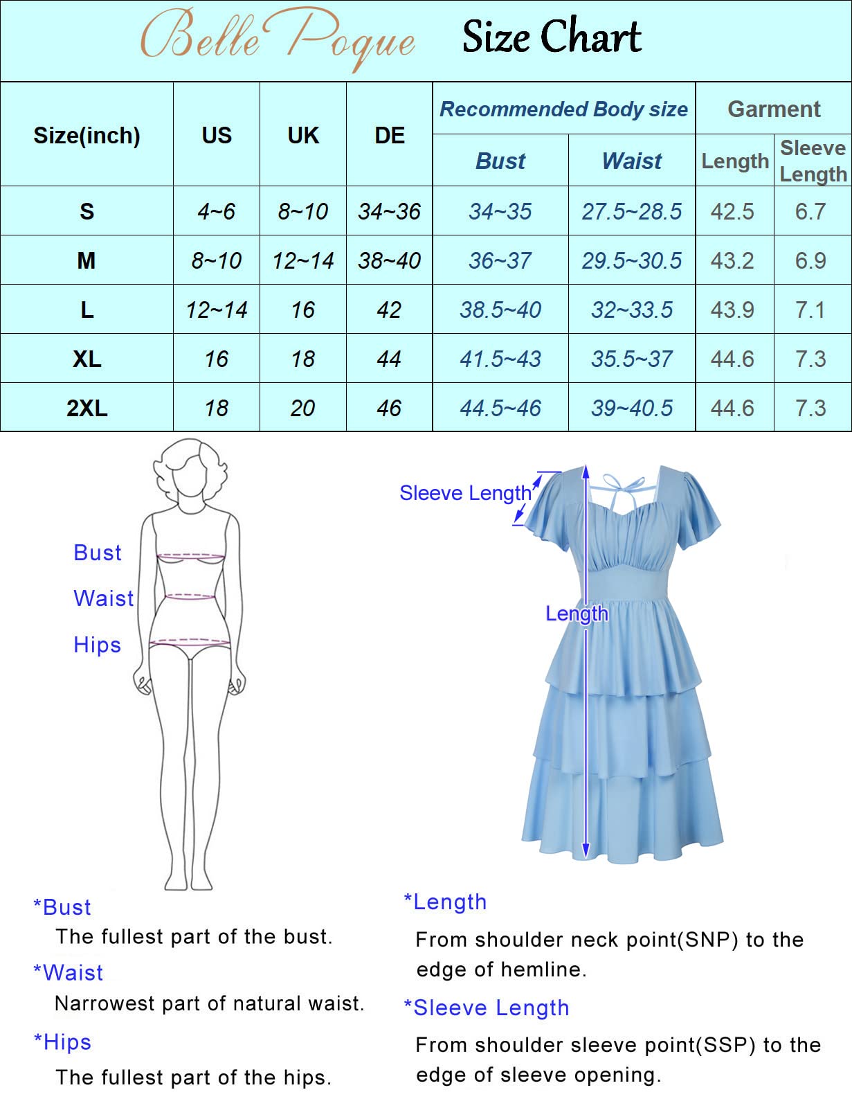 Short Sleeve Elegant Cocktail Party Dress 1950s Retro Square Neck Smocked Waist Tiered Layered Dress Light Blue XL