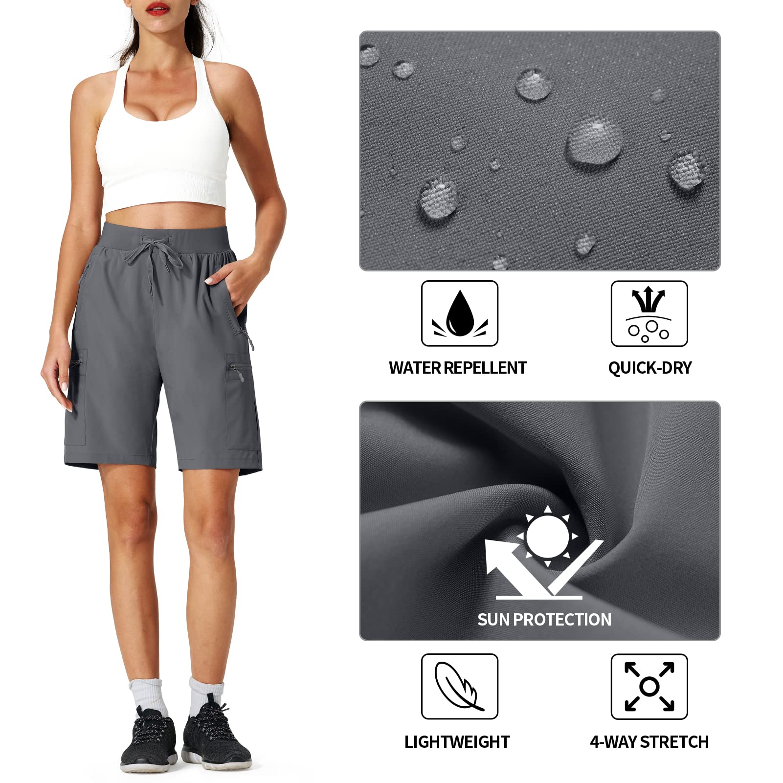Ksmien Women's Hiking Cargo Shorts Quick Dry Lightweight Summer Shorts with Zipper Pockets for Travel Golf Camping Dark Grey