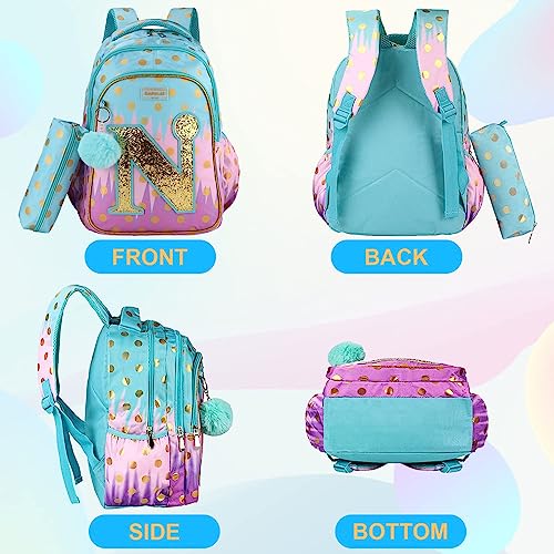 SARHLIO Kids Backpack with Pencil Case, Glitter Galaxy Elementary School Girls School Bag Large 16 Inch Bookbag with Letter N Sparkling Sequin Tower Design