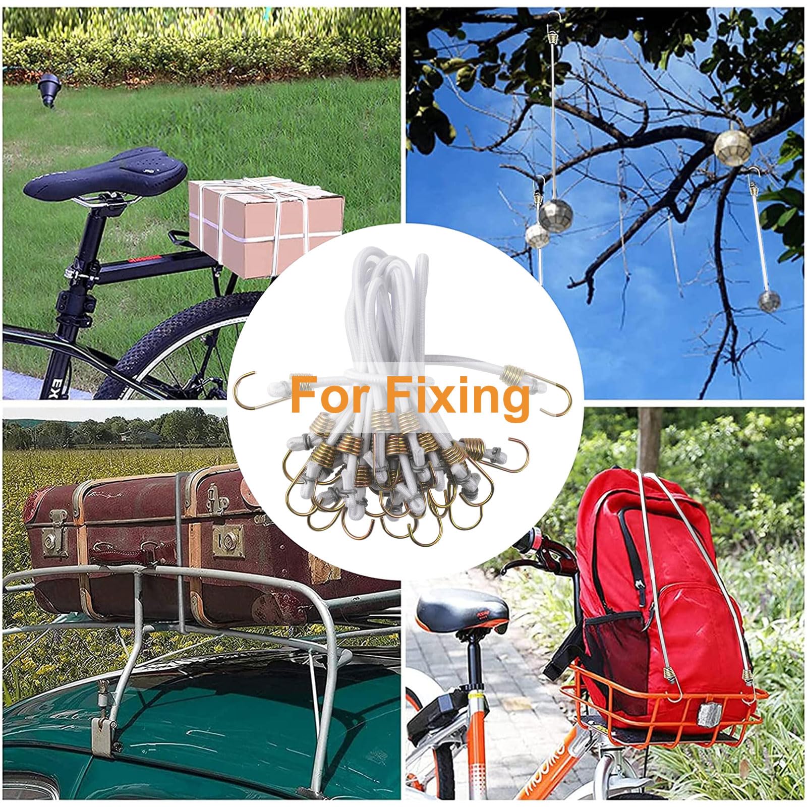 Morobor White Elastic Rope Rubber Strap, 10pcs Mini Bungee Cords with Metal Hooks, Rubber Stretchy Bungee Cords with Hooks for for Bikes, Wire Racks, Tents and Hand Carts etc