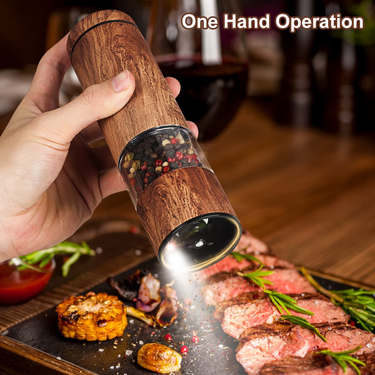 Electric Salt and Pepper Grinder Set, Battery Operated Pepper Mill with LED Light, Adjustable Coarseness, One Hand Operation, Salt and Pepper Shakers Set Electric (Wood Grain)