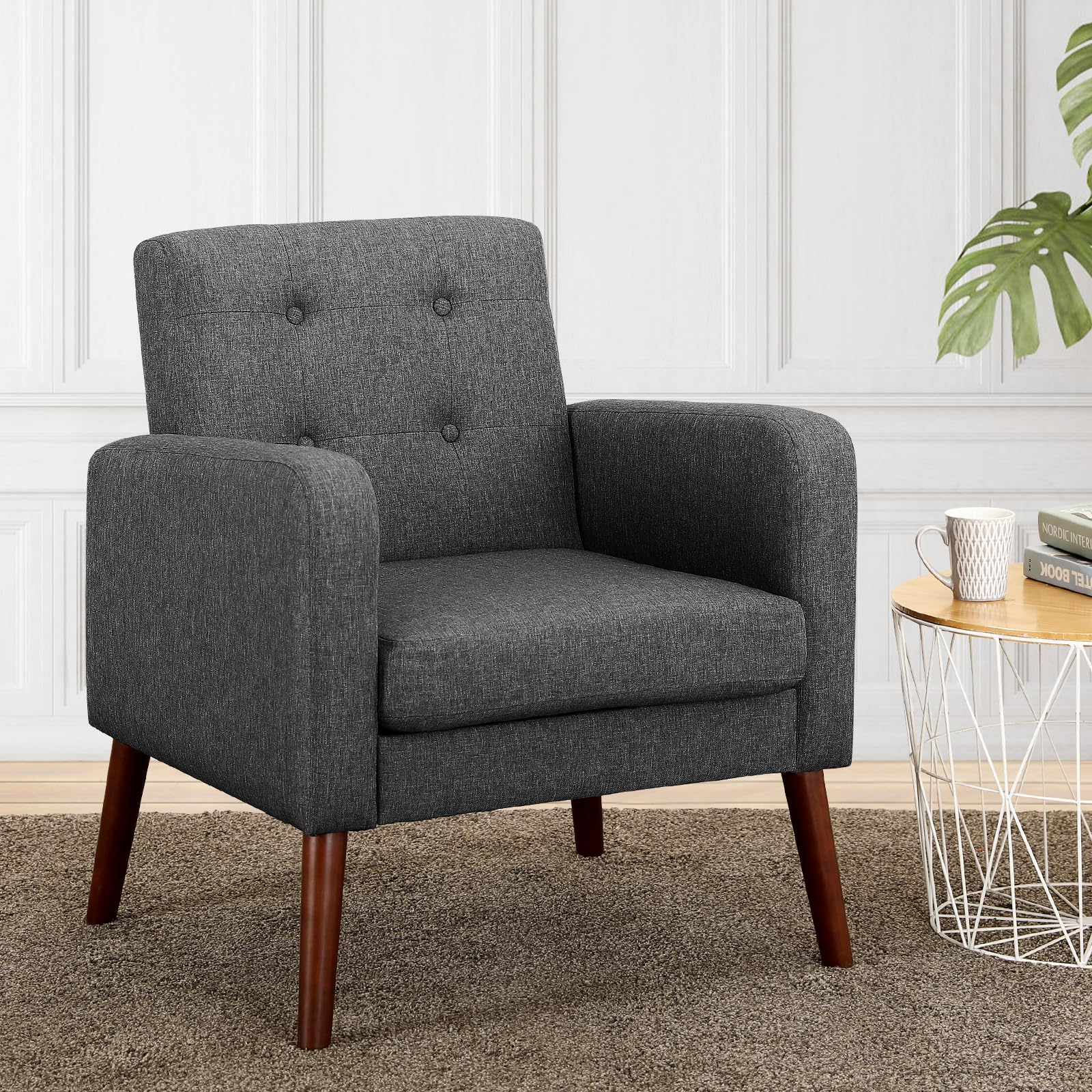 Furniliving Mid Century Modern Arm Chair, Button-Tufted Upholstered Accent Chairs for Bedrooms Living Room Chair with Solid Wood Legs Linen Fabric Comfy Lounge Chair, Dark Grey