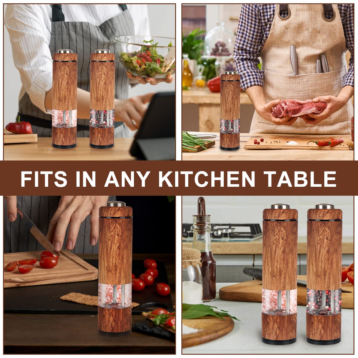 Electric Salt and Pepper Grinder Set, Battery Operated Pepper Mill with LED Light, Adjustable Coarseness, One Hand Operation, Salt and Pepper Shakers Set Electric (Wood Grain)