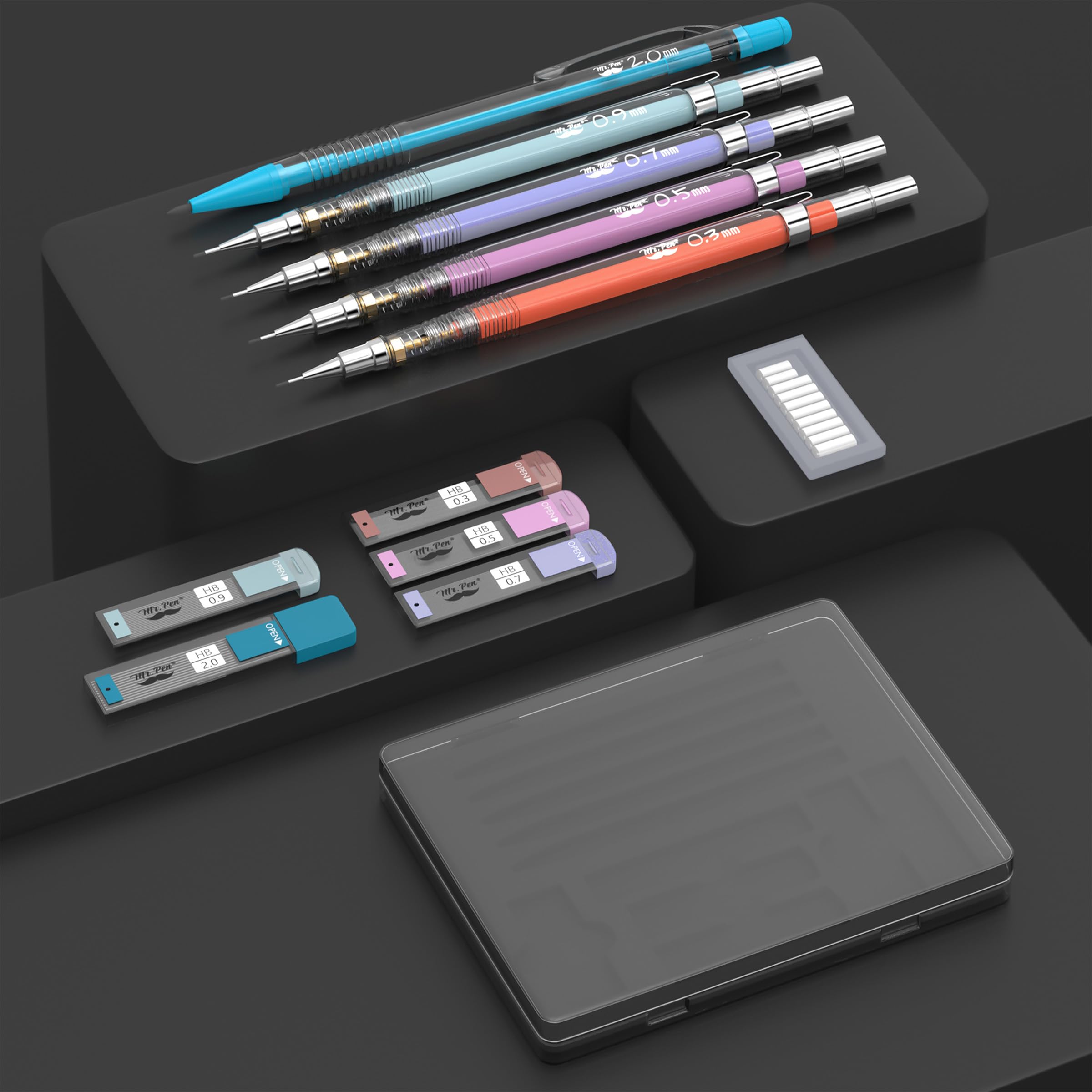 Mr. Pen- Pastel Mechanical Pencil Set with Black Lead and Eraser Refills, Clear Barrel, 0.3, 0.5, 0.7, 0.9, 2mm, Pastel Mechanical Pencils, Cute Mechanical Pencil Set, Aesthetic Mechanical Pencils