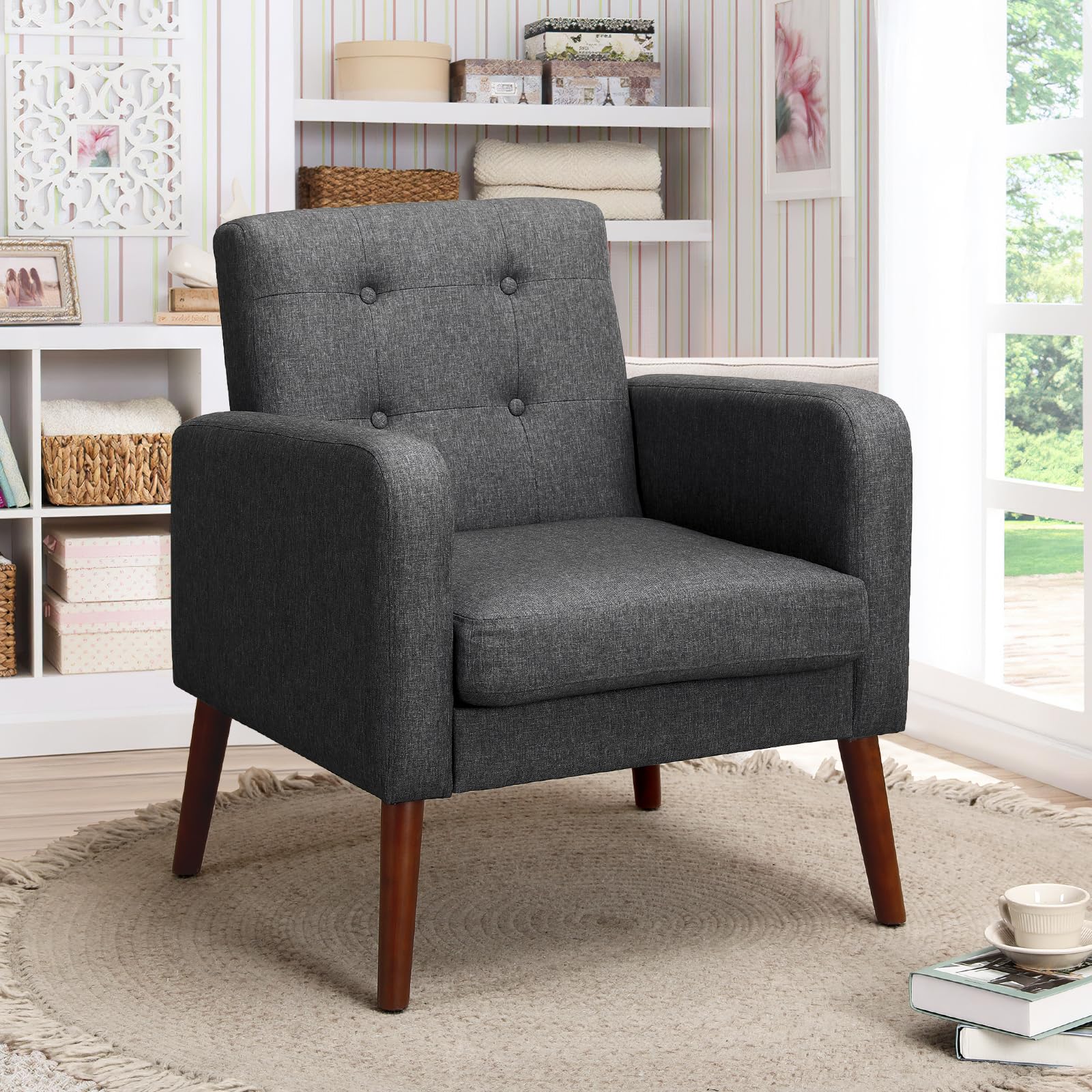 Furniliving Mid Century Modern Arm Chair, Button-Tufted Upholstered Accent Chairs for Bedrooms Living Room Chair with Solid Wood Legs Linen Fabric Comfy Lounge Chair, Dark Grey