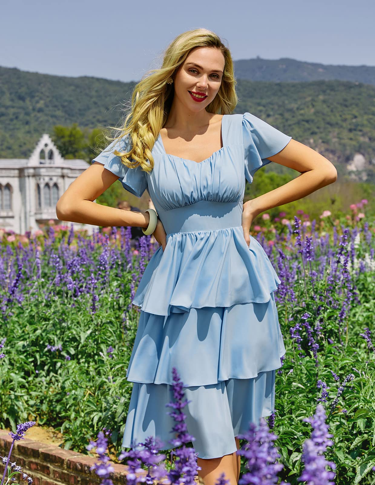 Short Sleeve Elegant Cocktail Party Dress 1950s Retro Square Neck Smocked Waist Tiered Layered Dress Light Blue XL