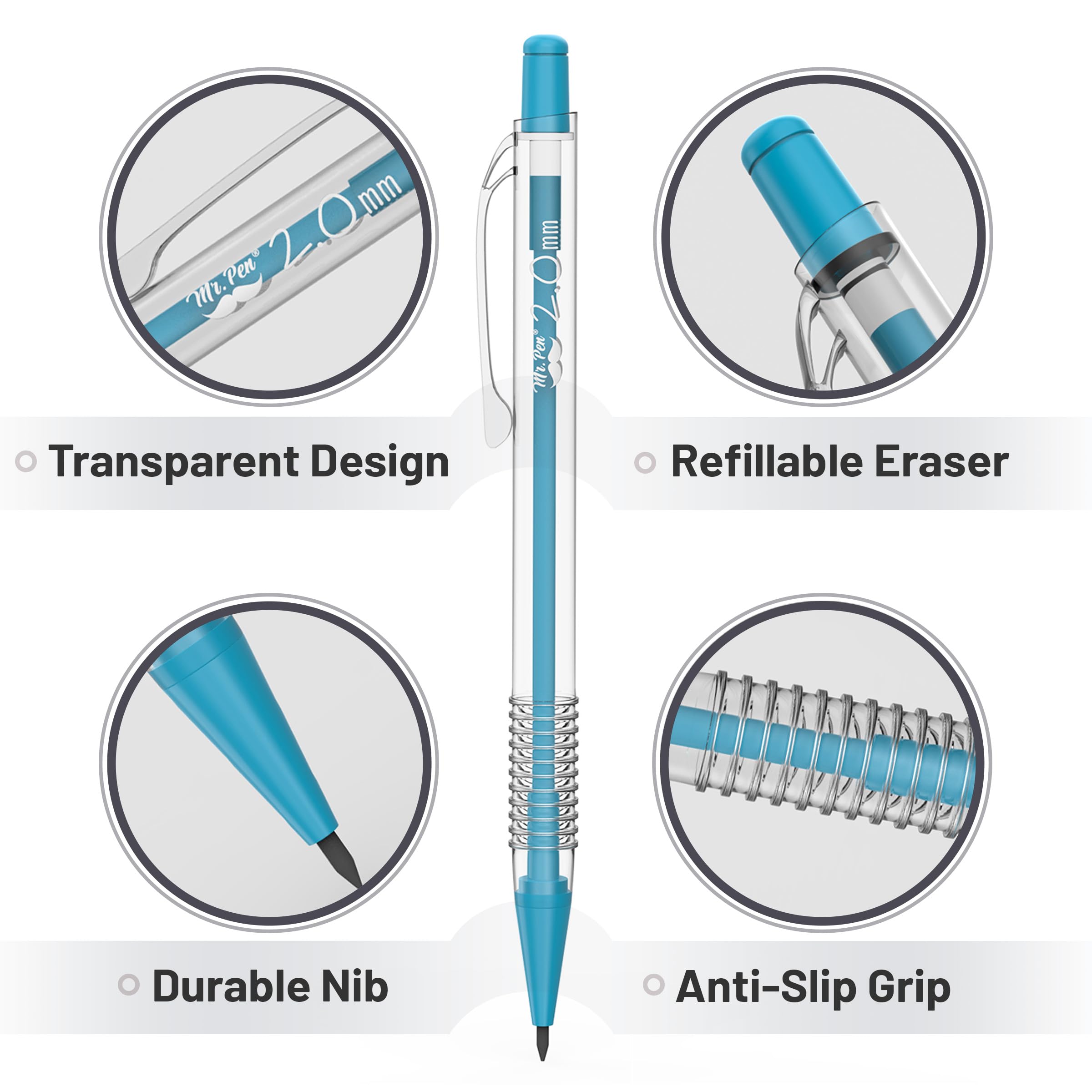 Mr. Pen- Pastel Mechanical Pencil Set with Black Lead and Eraser Refills, Clear Barrel, 0.3, 0.5, 0.7, 0.9, 2mm, Pastel Mechanical Pencils, Cute Mechanical Pencil Set, Aesthetic Mechanical Pencils