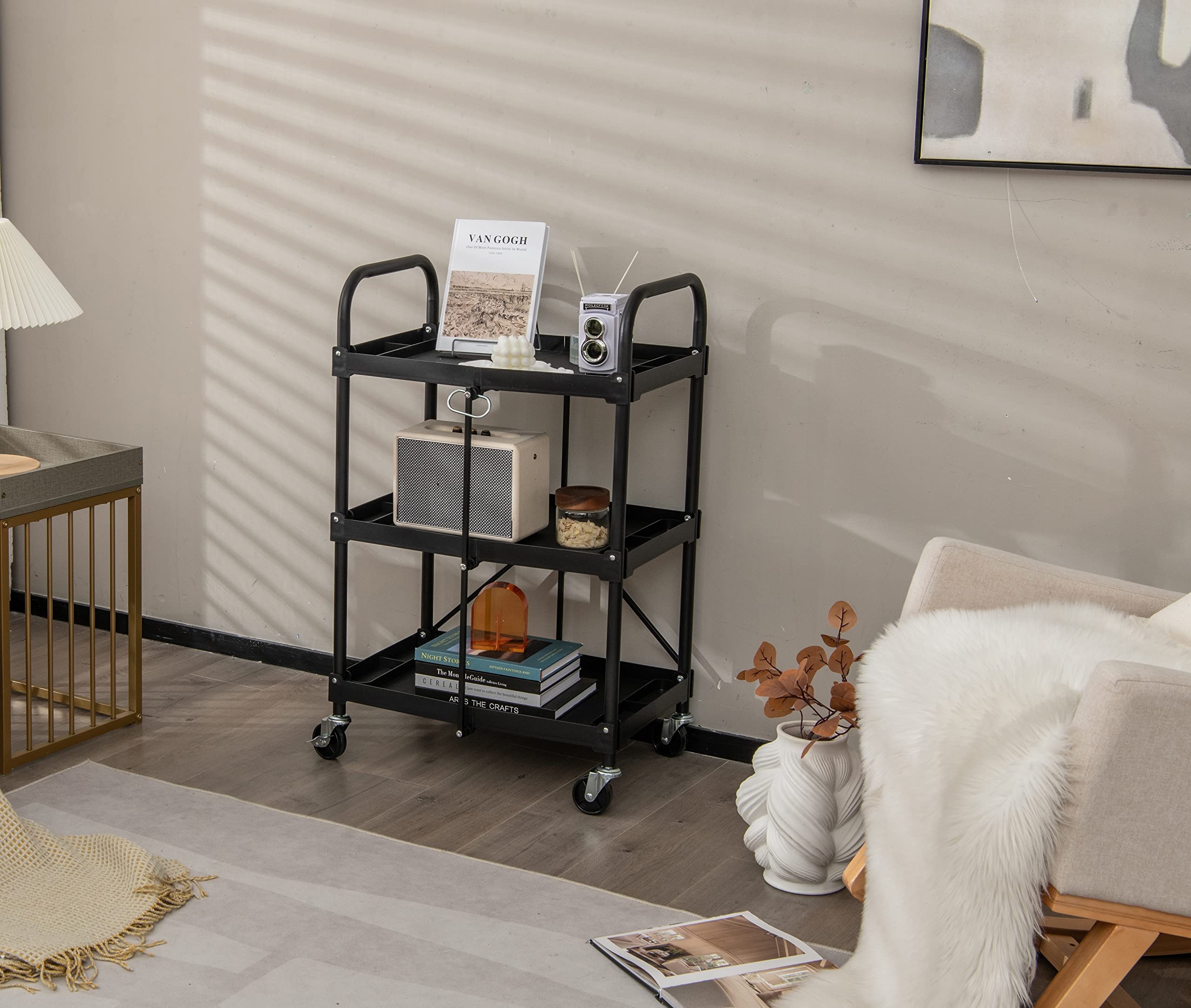Goplus Folding Utility Cart, 3-Tier Rolling Tool Cart w/Lockable Wheels, Divided Storage Compartments, Collapsible Metal Service Cart Work Cart for Office Home, Garage, Kitchen, Black