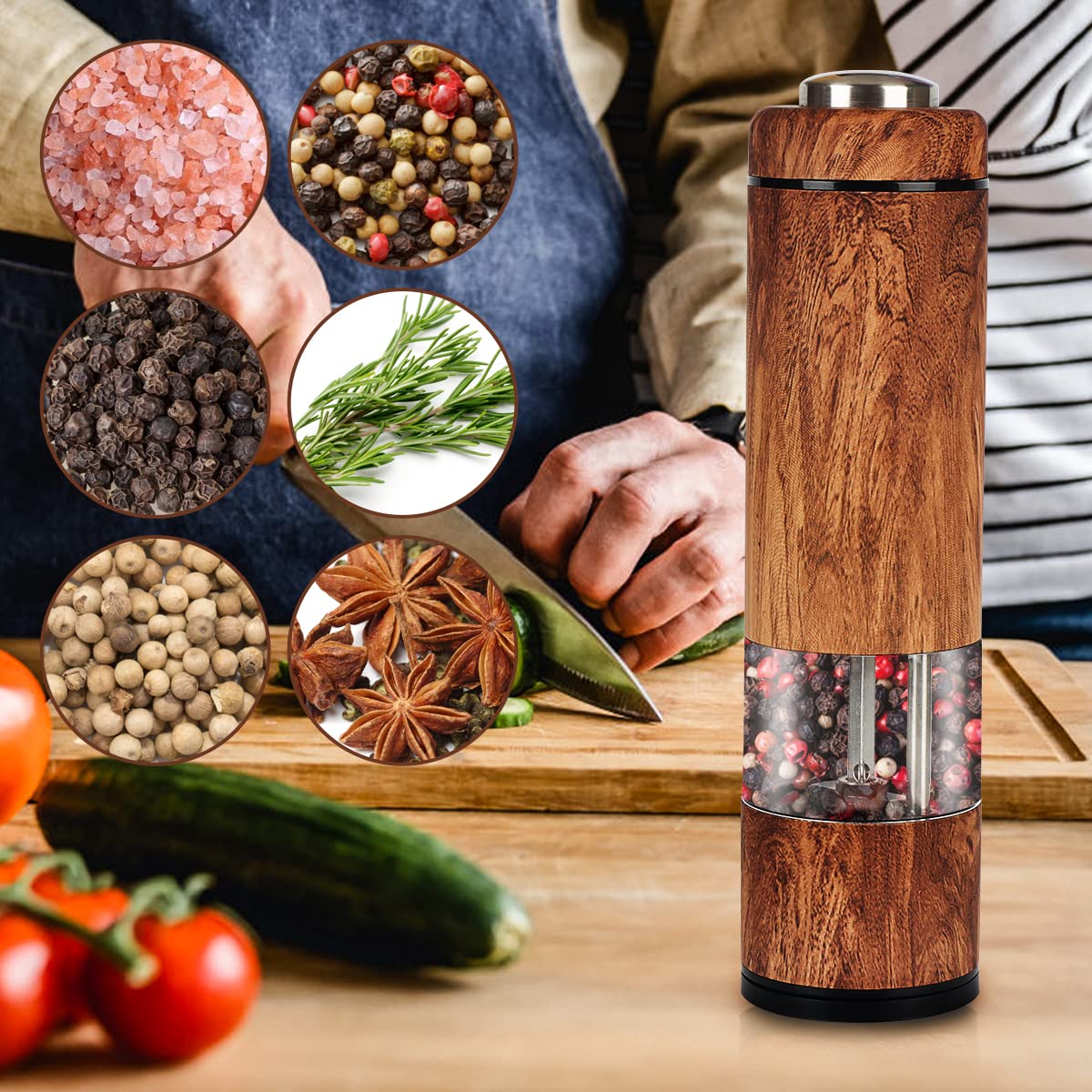 Electric Salt and Pepper Grinder Set, Battery Operated Pepper Mill with LED Light, Adjustable Coarseness, One Hand Operation, Salt and Pepper Shakers Set Electric (Wood Grain)