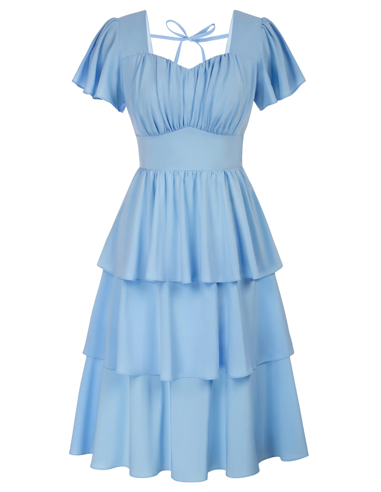 Short Sleeve Elegant Cocktail Party Dress 1950s Retro Square Neck Smocked Waist Tiered Layered Dress Light Blue XL
