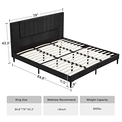 Flolinda King Size Platform Bed Frame with Velvet Upholstered Headboard and Wooden Slats Support, Fully Upholstered Mattress Foundation/No Box Spring Needed/Easy Assembly, Black