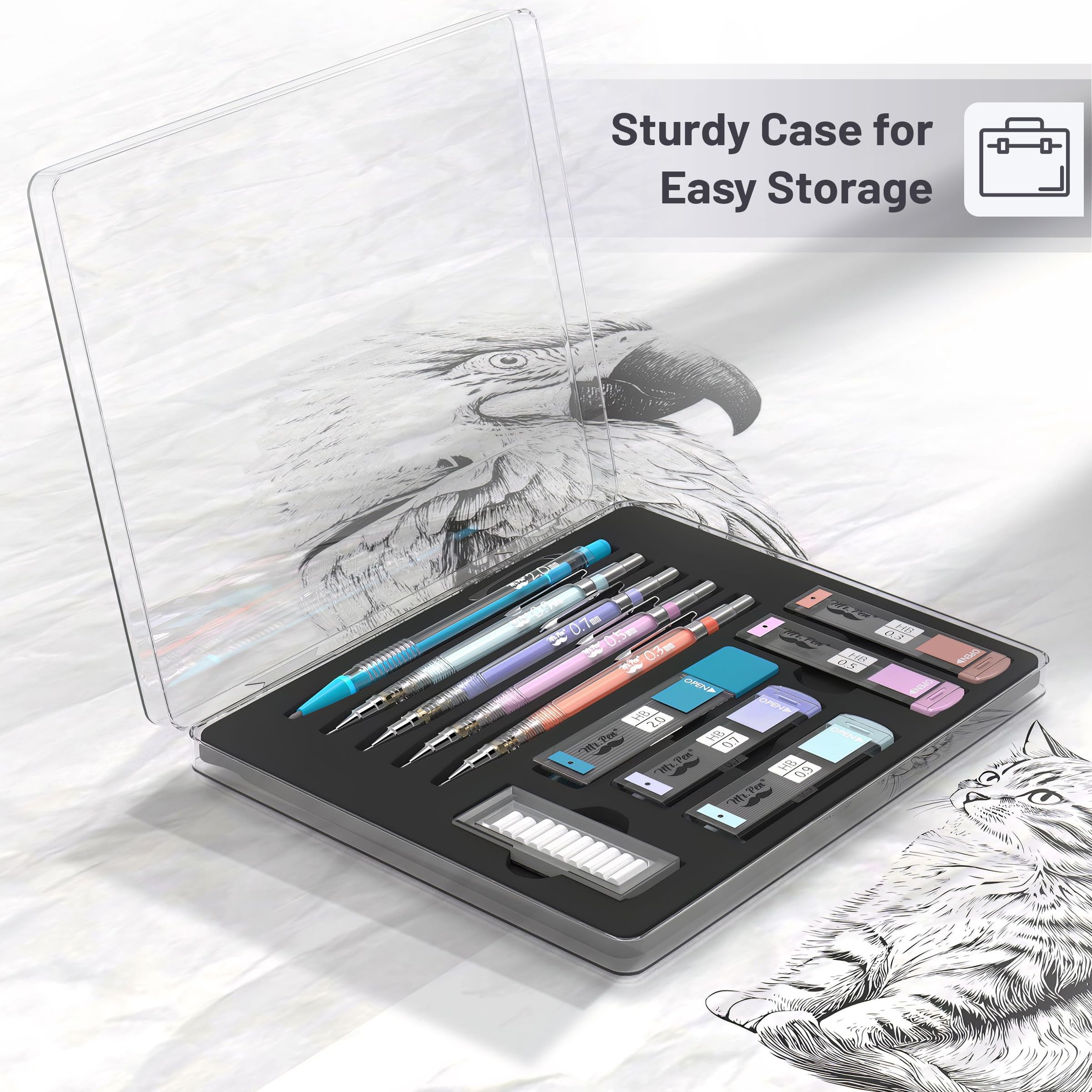 Mr. Pen- Pastel Mechanical Pencil Set with Black Lead and Eraser Refills, Clear Barrel, 0.3, 0.5, 0.7, 0.9, 2mm, Pastel Mechanical Pencils, Cute Mechanical Pencil Set, Aesthetic Mechanical Pencils