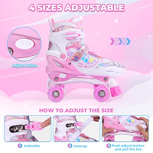Hikole Girls Roller Skates with 4 Adjustable Size,All 8 Light Up Wheels Kids Roller Skates for Outdoor & Indoor
