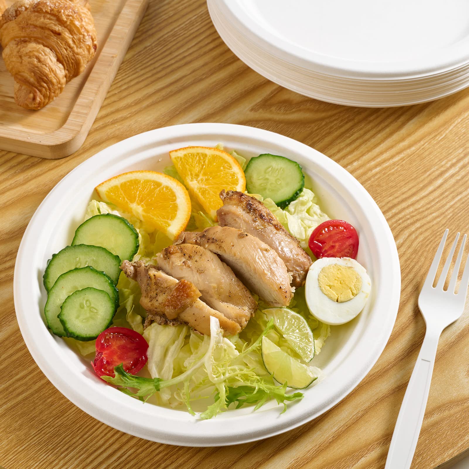 Vplus 150 Pack Paper Plates 9 inch 100% Compostable Plates Heavy-Duty Disposable Paper Plates Bagasse Natural Biodegradable Eco-Friendly Sugarcane Plates(White)