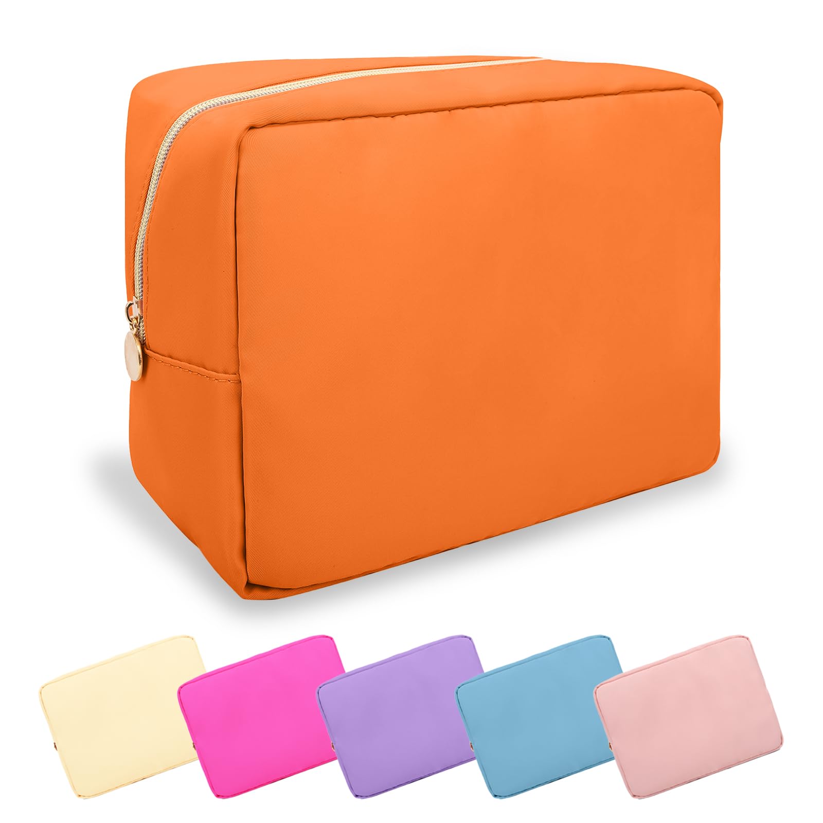 UIXIZQ Waterproof Large Makeup Bag Pouch,Nylon Women Travel Toiletry Storage Bag Preppy Cosmetic Bag for Girls,Big Makeup Organizer Bag Cute Zipper Pouch Bag for Sport Work Gift(Large-Peach)