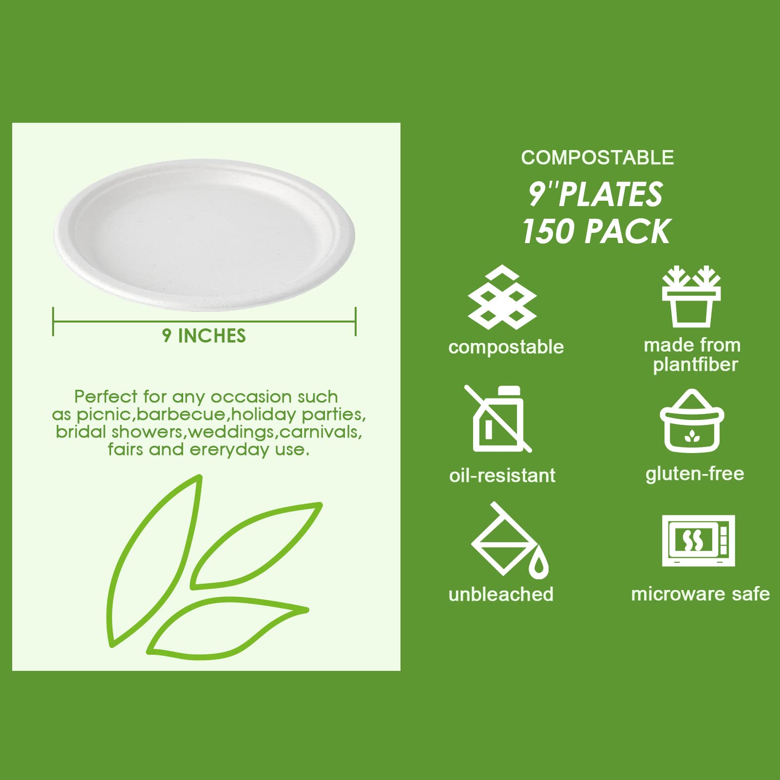 Vplus 150 Pack Paper Plates 9 inch 100% Compostable Plates Heavy-Duty Disposable Paper Plates Bagasse Natural Biodegradable Eco-Friendly Sugarcane Plates(White)