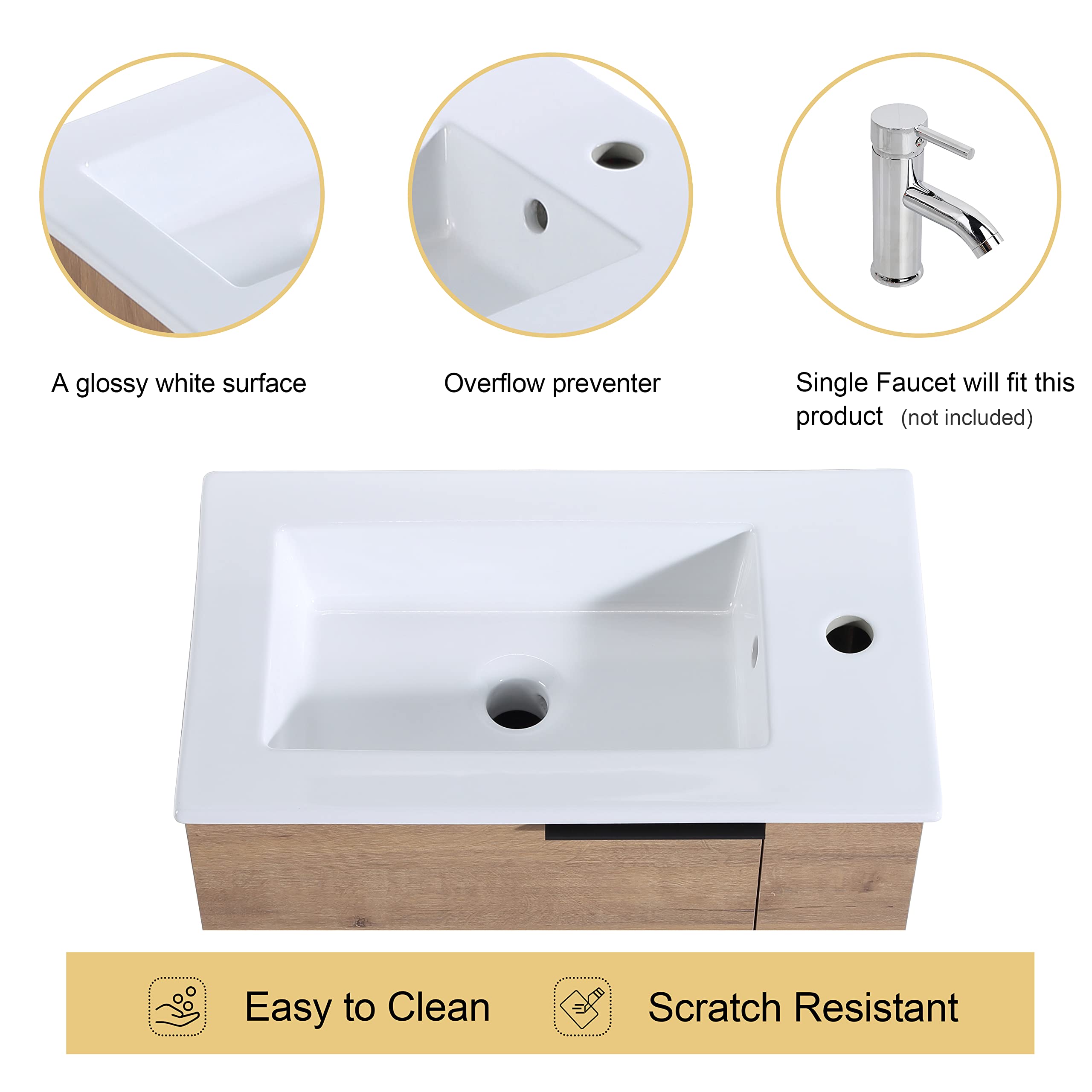 Malwee 22" Floating Bathroom Vanity with Sink, 22 Inch Single Sink Wall Mounted Bathroom Vanity, with 1 Door and White Ceramic Basin Sink Top (002-22)