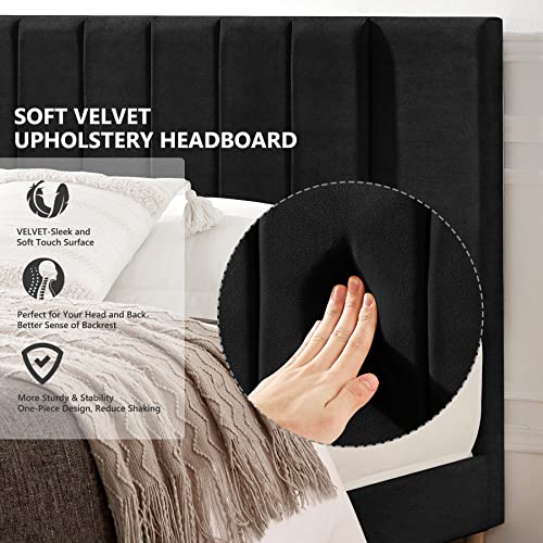 Flolinda King Size Platform Bed Frame with Velvet Upholstered Headboard and Wooden Slats Support, Fully Upholstered Mattress Foundation/No Box Spring Needed/Easy Assembly, Black