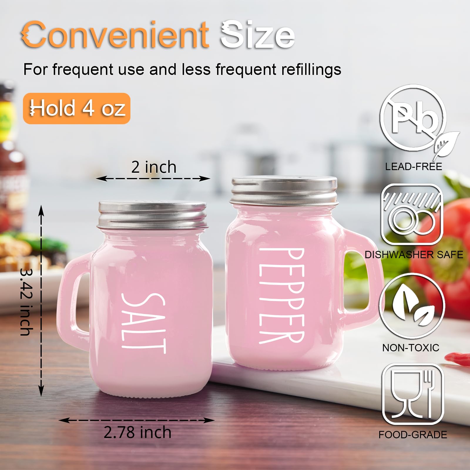 Pink Salt and Pepper Shakers Set - Pink Kitchen Accessories - Pink Kitchen Decor - 4 oz Glass Salt and Pepper Set for Cooking Table, RV, BBQ, Easy to Clean & Refill