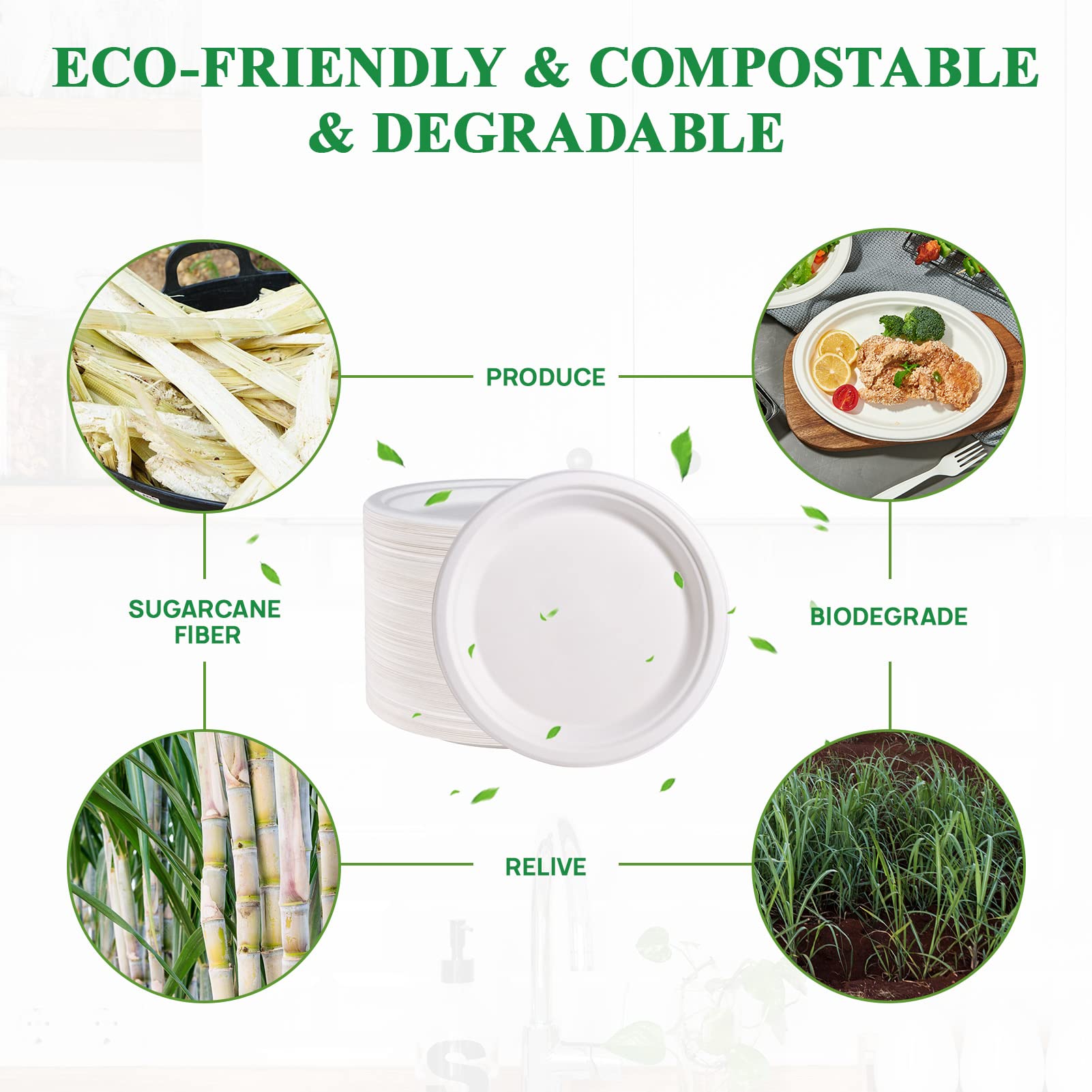 Vplus 150 Pack Paper Plates 9 inch 100% Compostable Plates Heavy-Duty Disposable Paper Plates Bagasse Natural Biodegradable Eco-Friendly Sugarcane Plates(White)