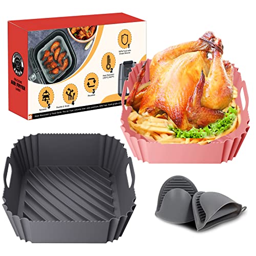 2Pcs Silicone Air Fryer Liners, ZSTea 8.5 Inches Square Air Fryer Silicone Basket Bowl Reusable Baking Tray Oven Air Fryer Accessories for 3 to 8 QT - Non-stick & Food-grade (Pink + Gray)