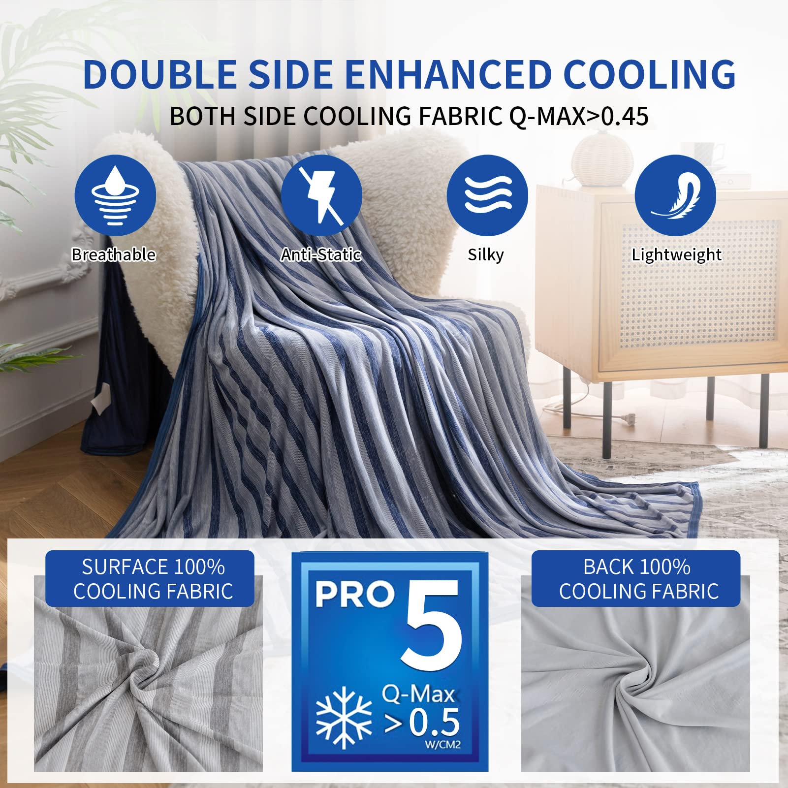 Auemtyn Cooling Blankets for Hot Sleepers, King Size with Japanese Q-Max>0.5 Arc-Chill Cooling Fiber, Lightweight Breathable Double Sided Cold Tech Summer Blanket for Night Sweats(90"x108",Navy Blue)