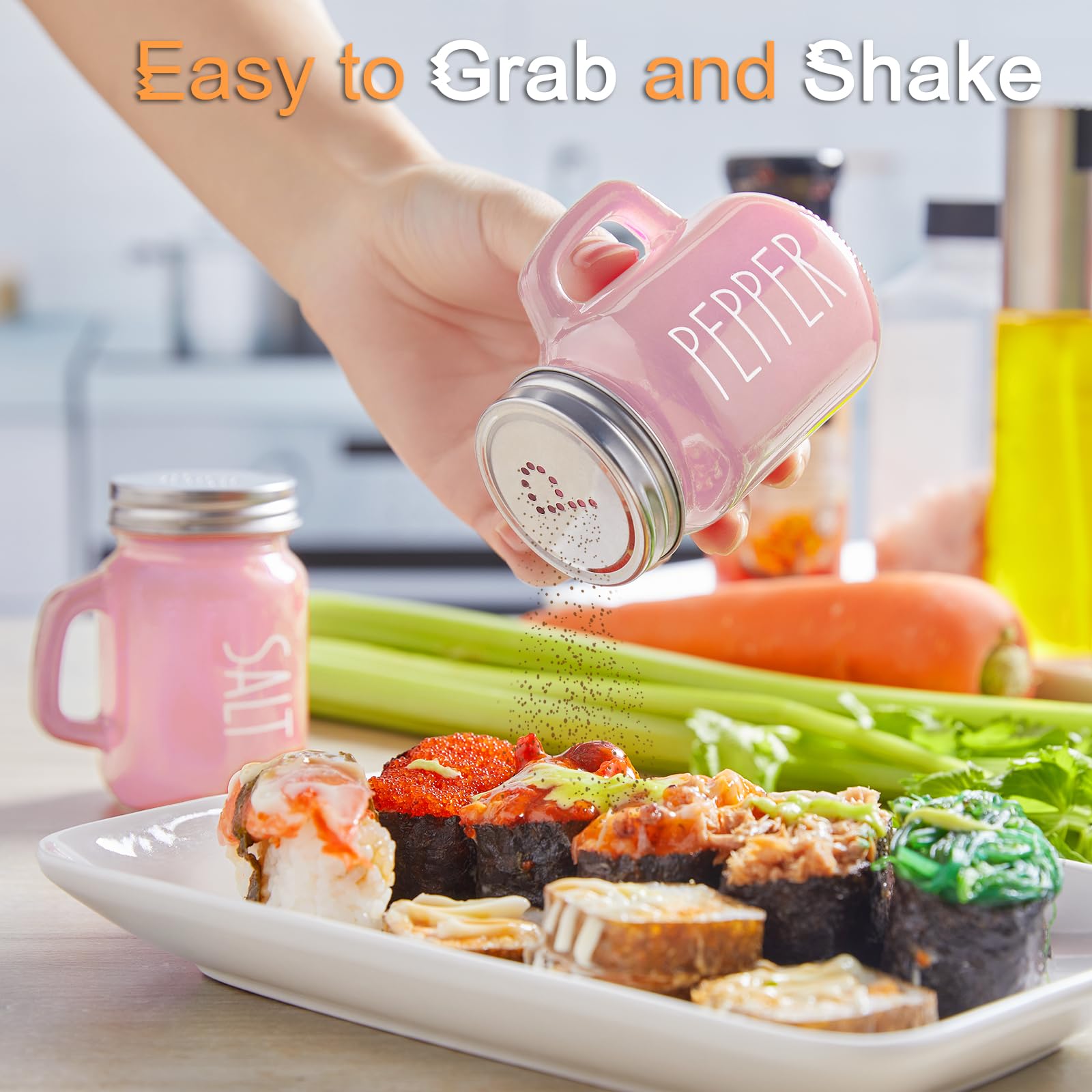 Pink Salt and Pepper Shakers Set - Pink Kitchen Accessories - Pink Kitchen Decor - 4 oz Glass Salt and Pepper Set for Cooking Table, RV, BBQ, Easy to Clean & Refill