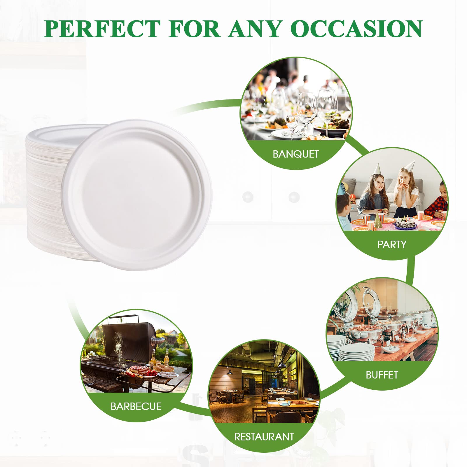 Vplus 150 Pack Paper Plates 9 inch 100% Compostable Plates Heavy-Duty Disposable Paper Plates Bagasse Natural Biodegradable Eco-Friendly Sugarcane Plates(White)