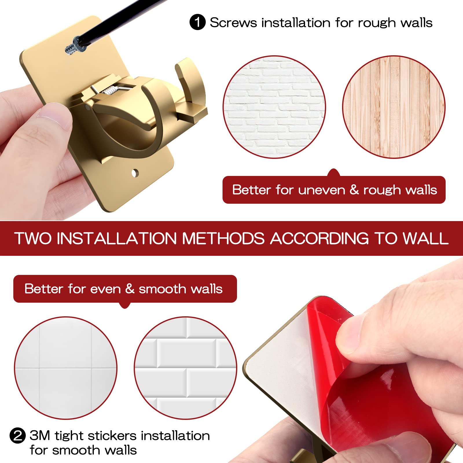 CIEMGNZOC 4PCS No Drill Curtain Rod Brackets, Gold Plastic, Self-Adhesive & Screw Mount, Holds Up To 20 Pounds, Suitable For Rods Up To 1.57 Inch Diameter