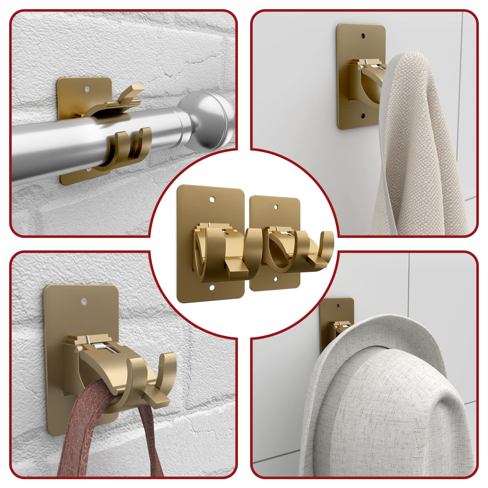 CIEMGNZOC 4PCS No Drill Curtain Rod Brackets, Gold Plastic, Self-Adhesive & Screw Mount, Holds Up To 20 Pounds, Suitable For Rods Up To 1.57 Inch Diameter