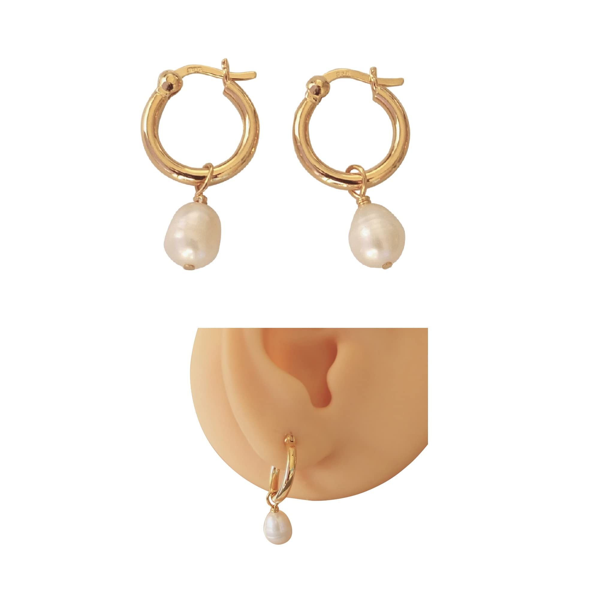 Yellow Gold Plated over Sterling Silver 8x7mm Oval Pearl 14mm Hoop Earrings for women - Small Dainty Hoops | Handmade by MiYa Jewelry creations
