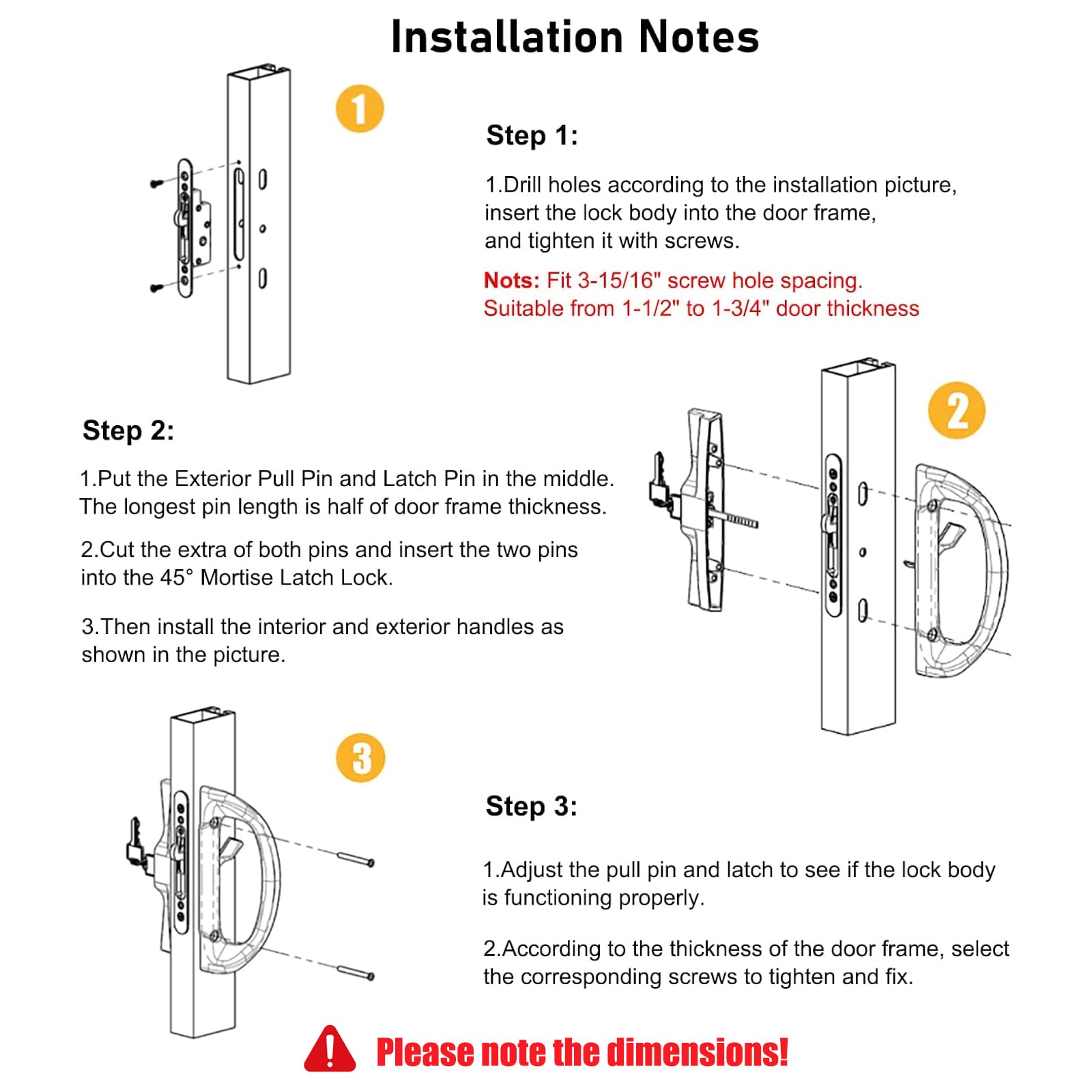 Patio Sliding Door Handle Set with Mortise Lock, Perfect Replacement Sliding Door Handle with Key Lock Fits Patio Doors Thickness 1-1/2" to 1-3/4", 3-15/16" Screw Hole Spacing, Reversible Design
