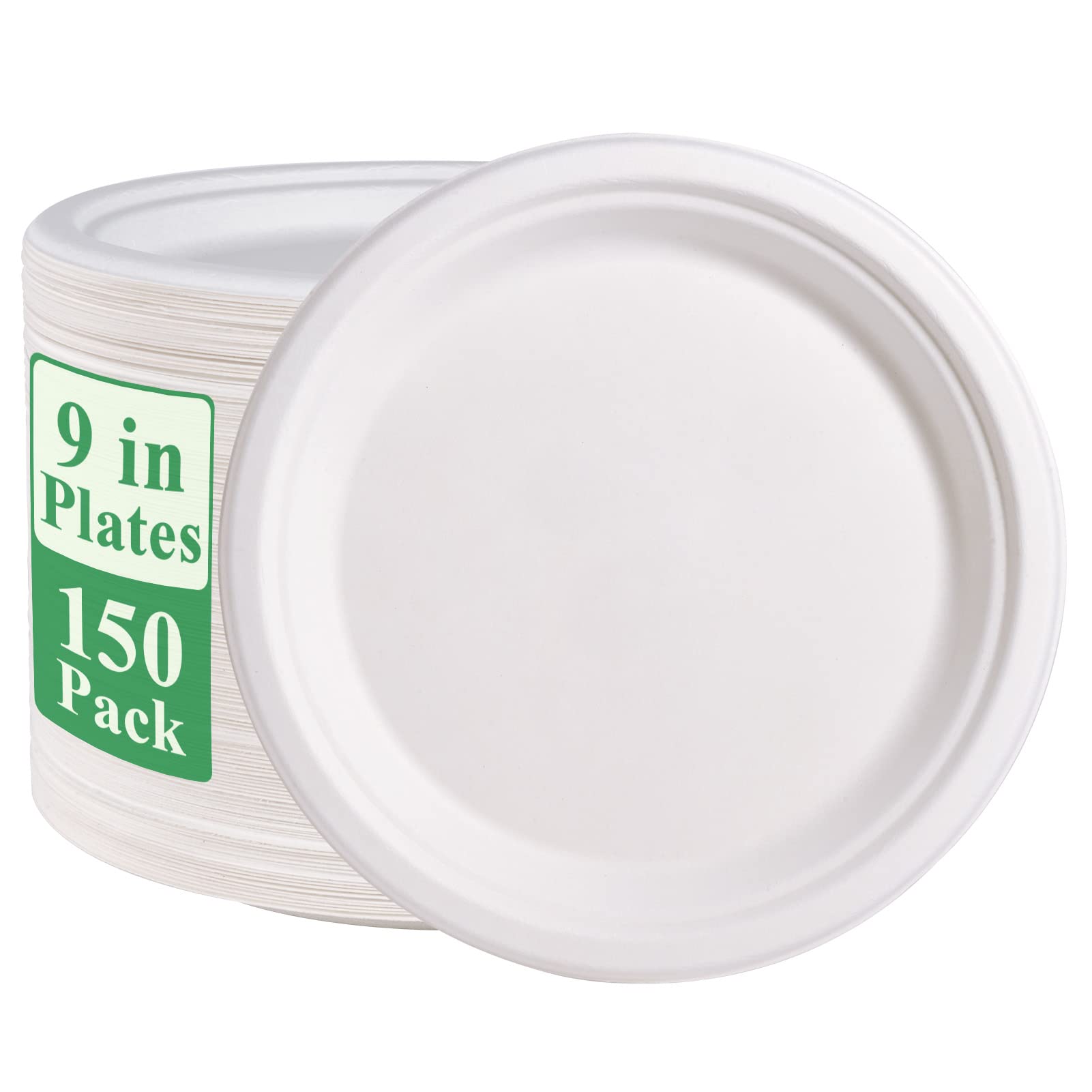 Vplus 150 Pack Paper Plates 9 inch 100% Compostable Plates Heavy-Duty Disposable Paper Plates Bagasse Natural Biodegradable Eco-Friendly Sugarcane Plates(White)