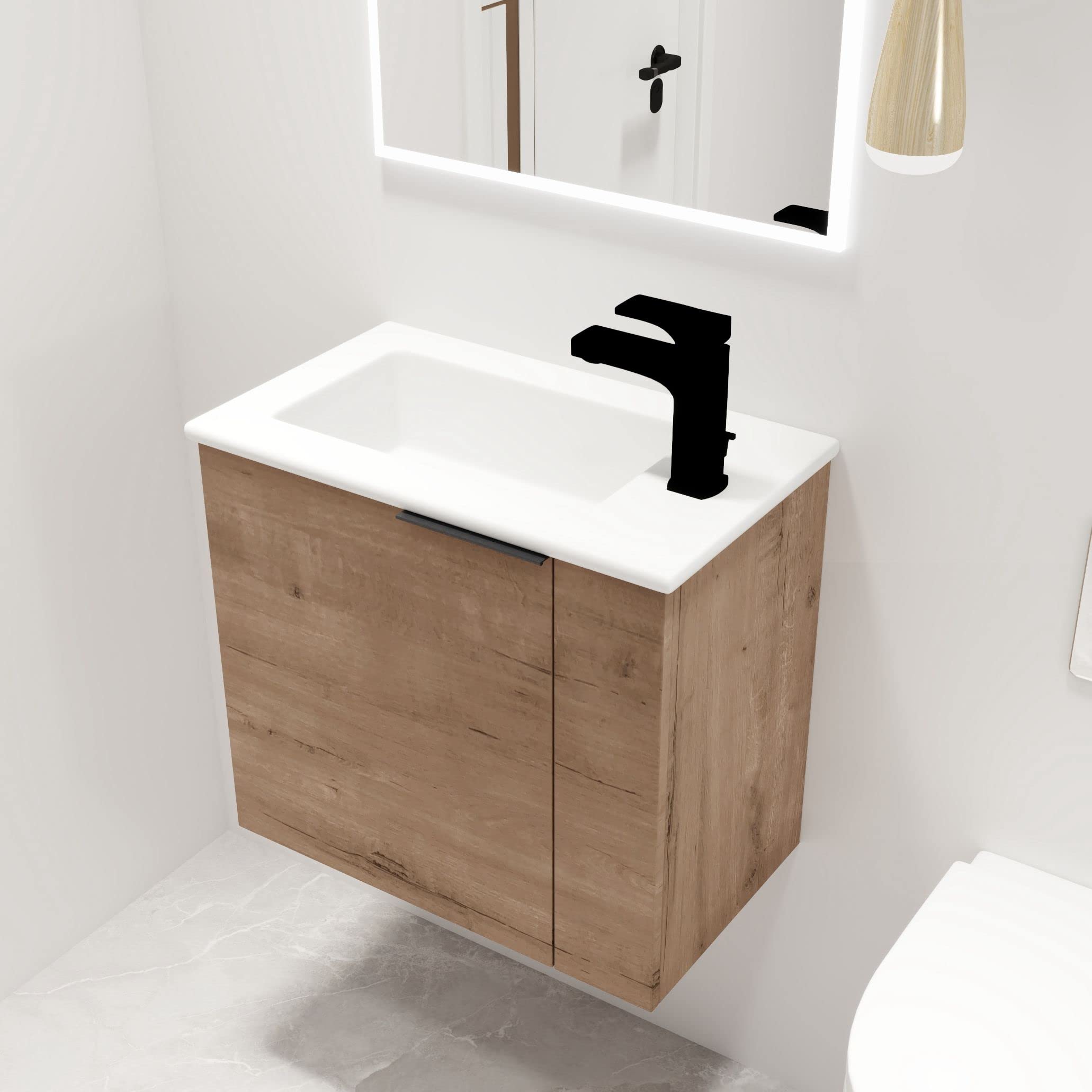 Malwee 22" Floating Bathroom Vanity with Sink, 22 Inch Single Sink Wall Mounted Bathroom Vanity, with 1 Door and White Ceramic Basin Sink Top (002-22)