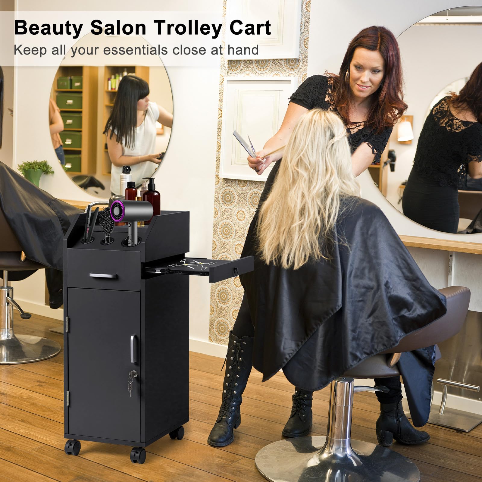 Winado Hair Salon Storage Cart with Wheels & 3 Hair Dryer Holders & 4 Drawers & Lock & 2 Keys, Hairdressing Tools Station Mobile Makeup Case, SPA Utility Trolley (Black)
