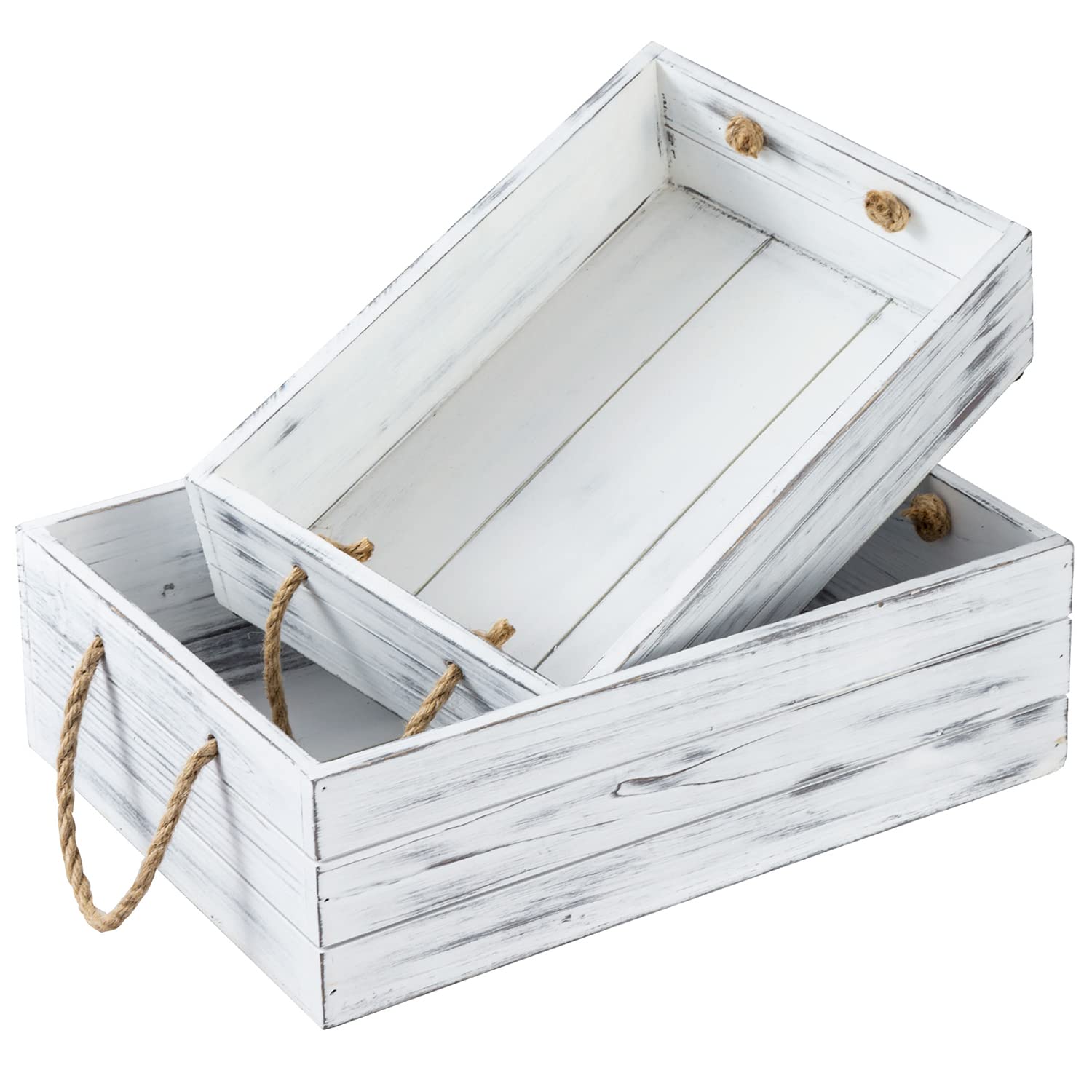 MyGift Vintage White Wood Nesting Storage Bins with Rustic Rope Handles, Country Farmhouse Style Weathered Wooden Crates, Decorative Open Top Box Pallets, 2 Piece Set