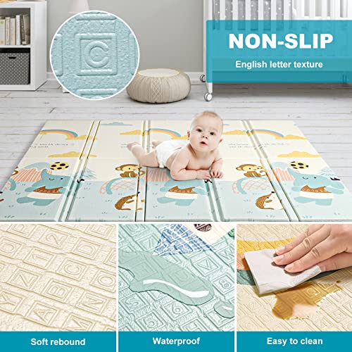 ZHUOKECE Baby Play Mat,Thickened 0.8 inches Foldable Floor Mats for Kids, Extra Large Waterproof Activity Crawling Playmats,Multifunctional Mat with Travel Bag(71" x 79") (Blue Elephant)